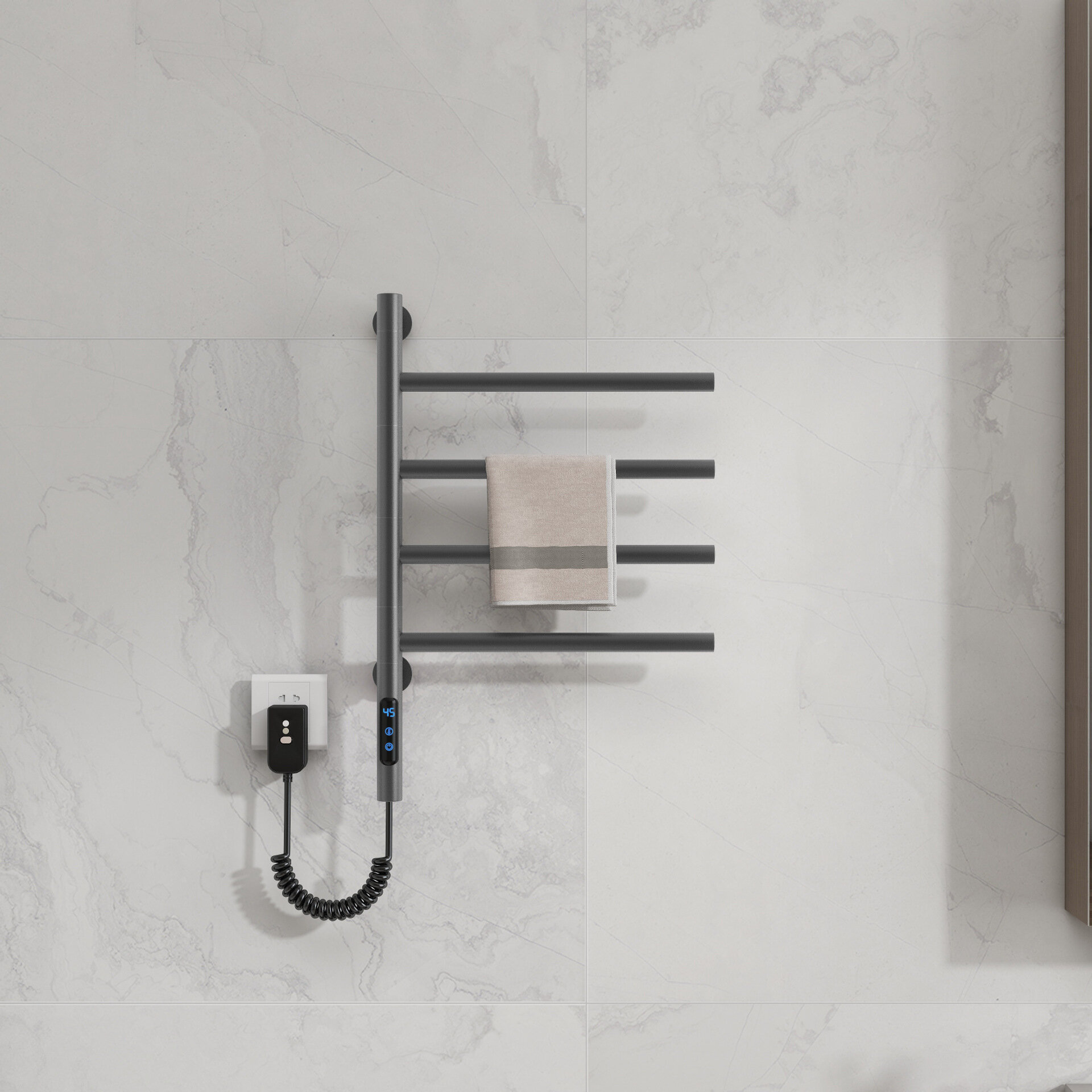 Космический алюминиевый умный электрический подогреваемый полотенцесушитель с постоянной температурой, вращающаяся стойка для хранения из нержавеющей стали без сверления