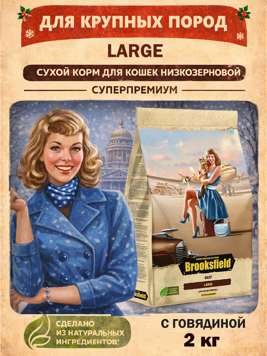 Корм сухой для кошек крупных пород, гипоаллергенный 2 кг BROOKSFIELD (Бруксфилд), Индейка и Говядина