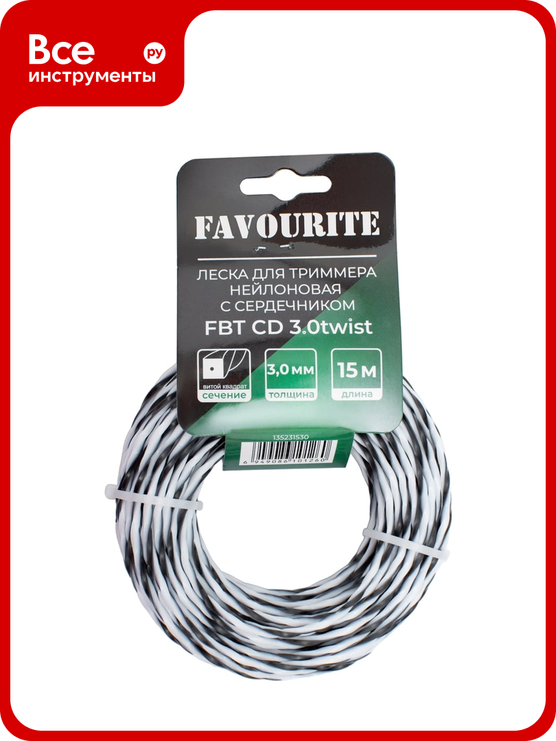 Леска для триммера нейлоновая 3.0 мм, 15 м, витой квадрат с сердечником FAVOURITE FBT CD 3.0twist 135231530