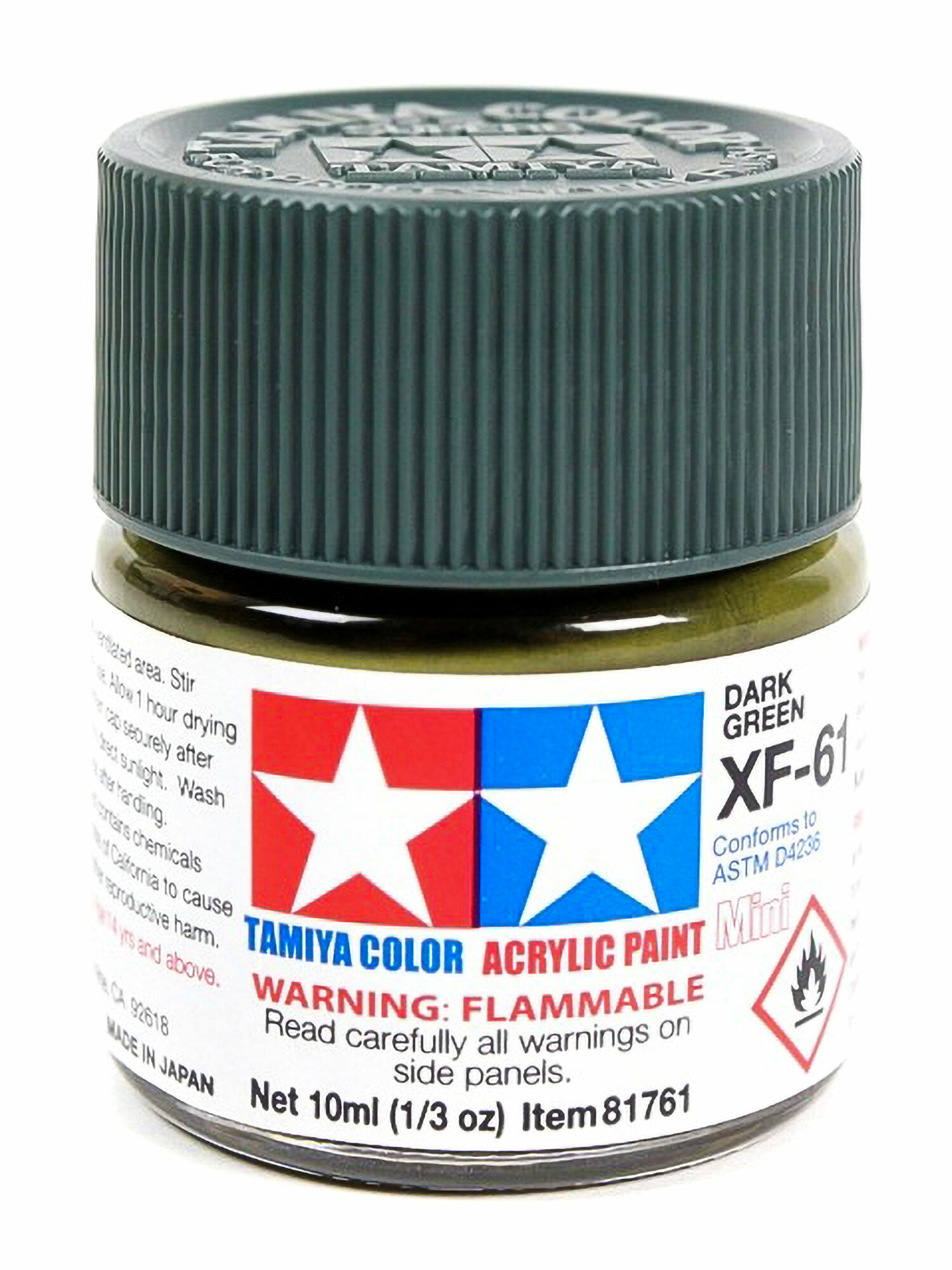 Краска акриловая Tamiya Color XF-61 Dark Green 81761 темно-зеленая матовая, 10 мл