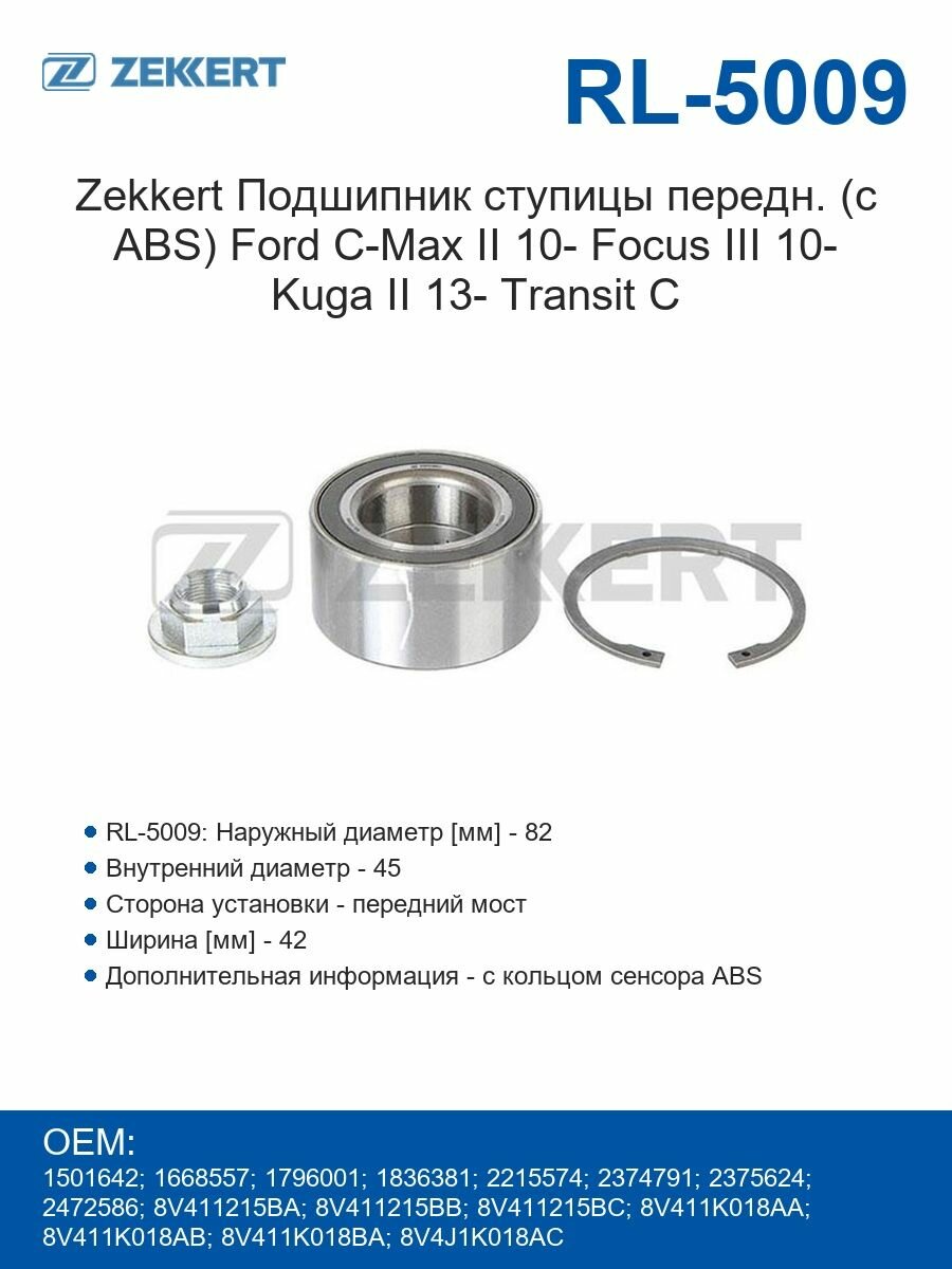 Zekkert Подшипник ступицы передн. (с ABS) Ford C-Max II 10- Focus III 10- Kuga II 13- Transit C