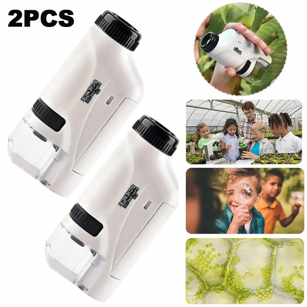 2 шт. Мини-карманный микроскоп, 60-120x, ручной, работает на батарейках, светодиодная подсветка