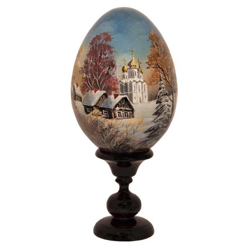 Пасхальное яйцо деревянное художественное на ножке Зимнее утро 14 х 6 см