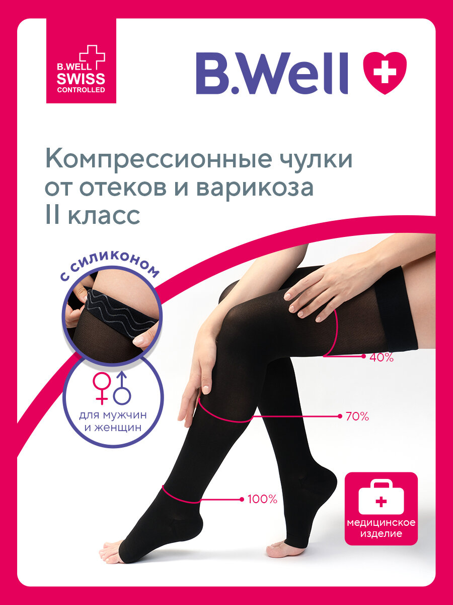 Чулки компрессионные B.Well JW-227 черные 2 класс компрессии