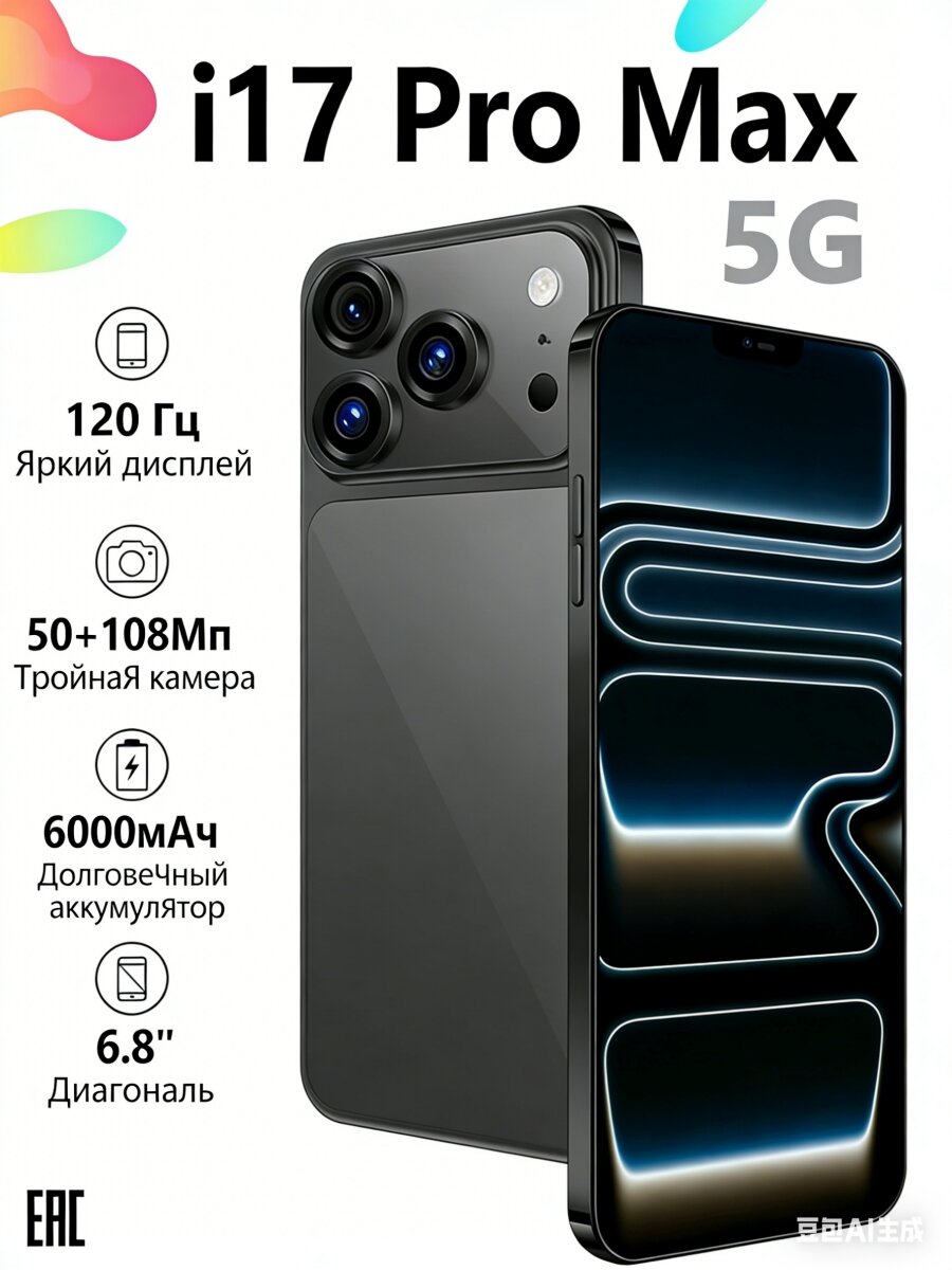 Смартфон 17 Pro Max, Android 14, 8Гб+256Гб, камера 48Мп, экран 6.8", 2 SIM