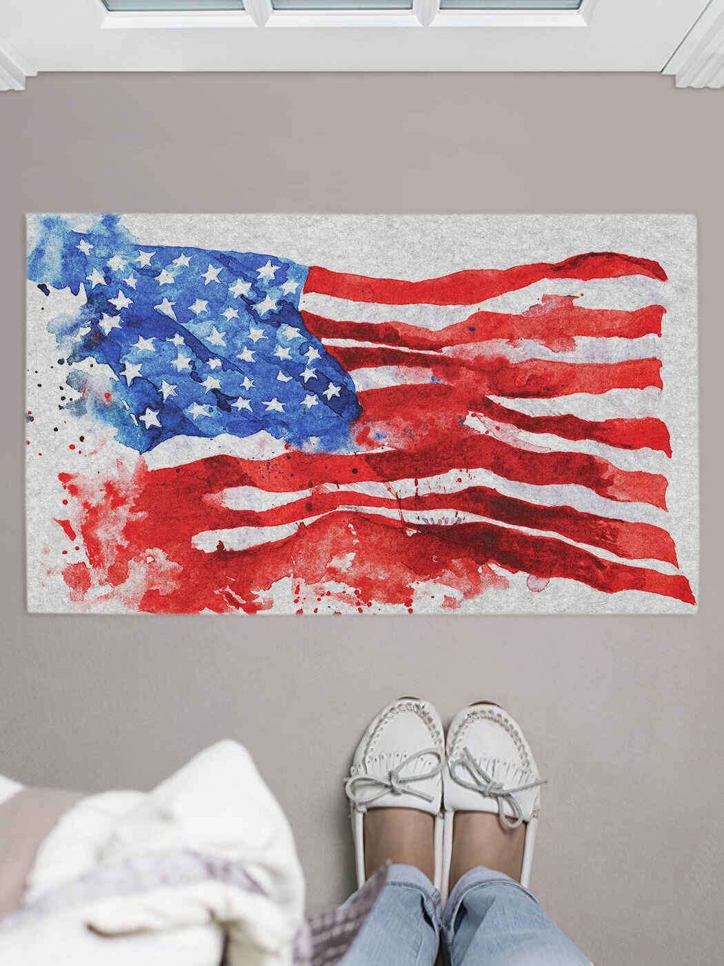Коврик придверный в прихожую с принтом "Размытый флаг Америки" 45 на 75 см , JoyArty