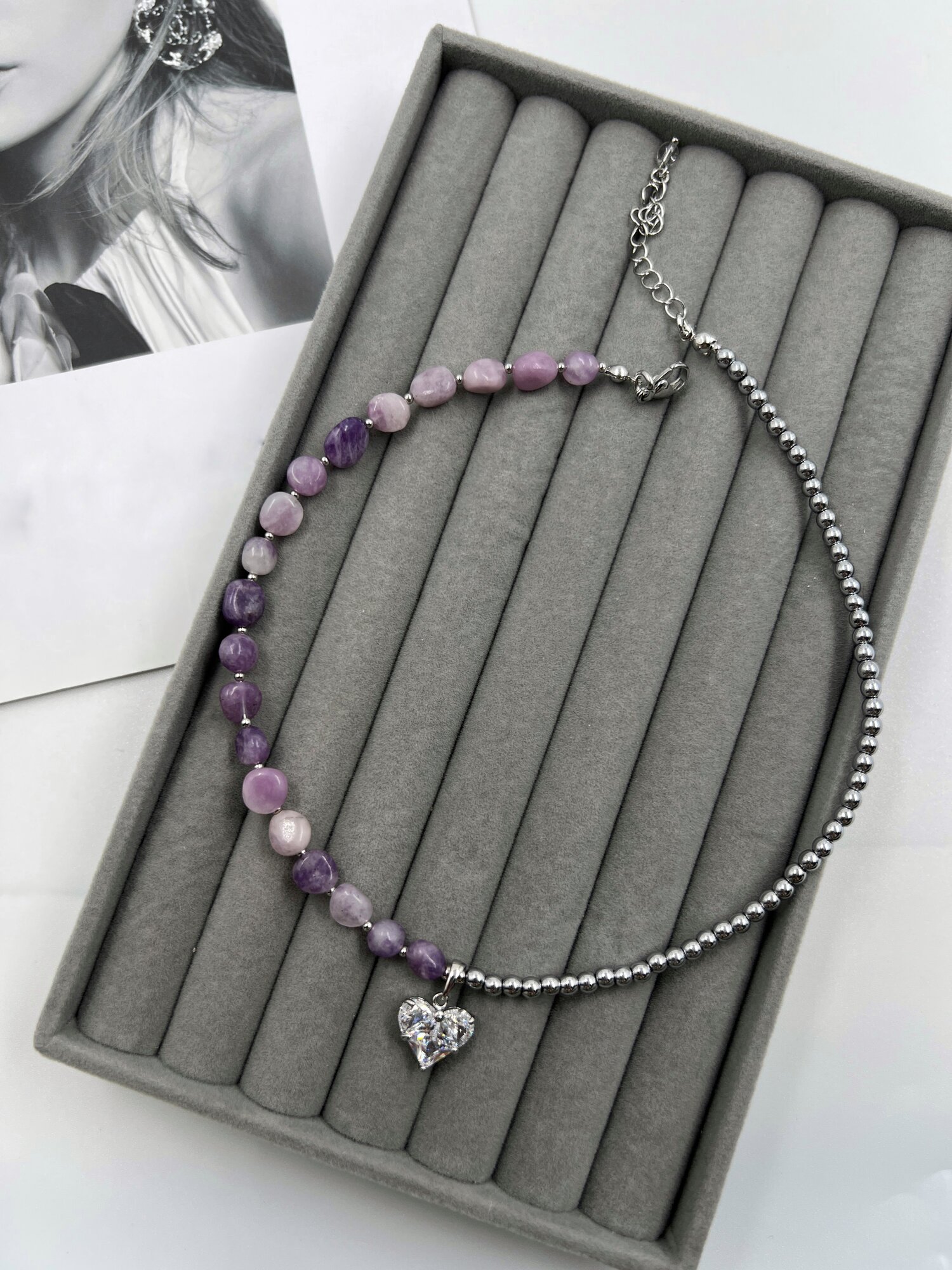 Колье, гематит, циркон, аметист