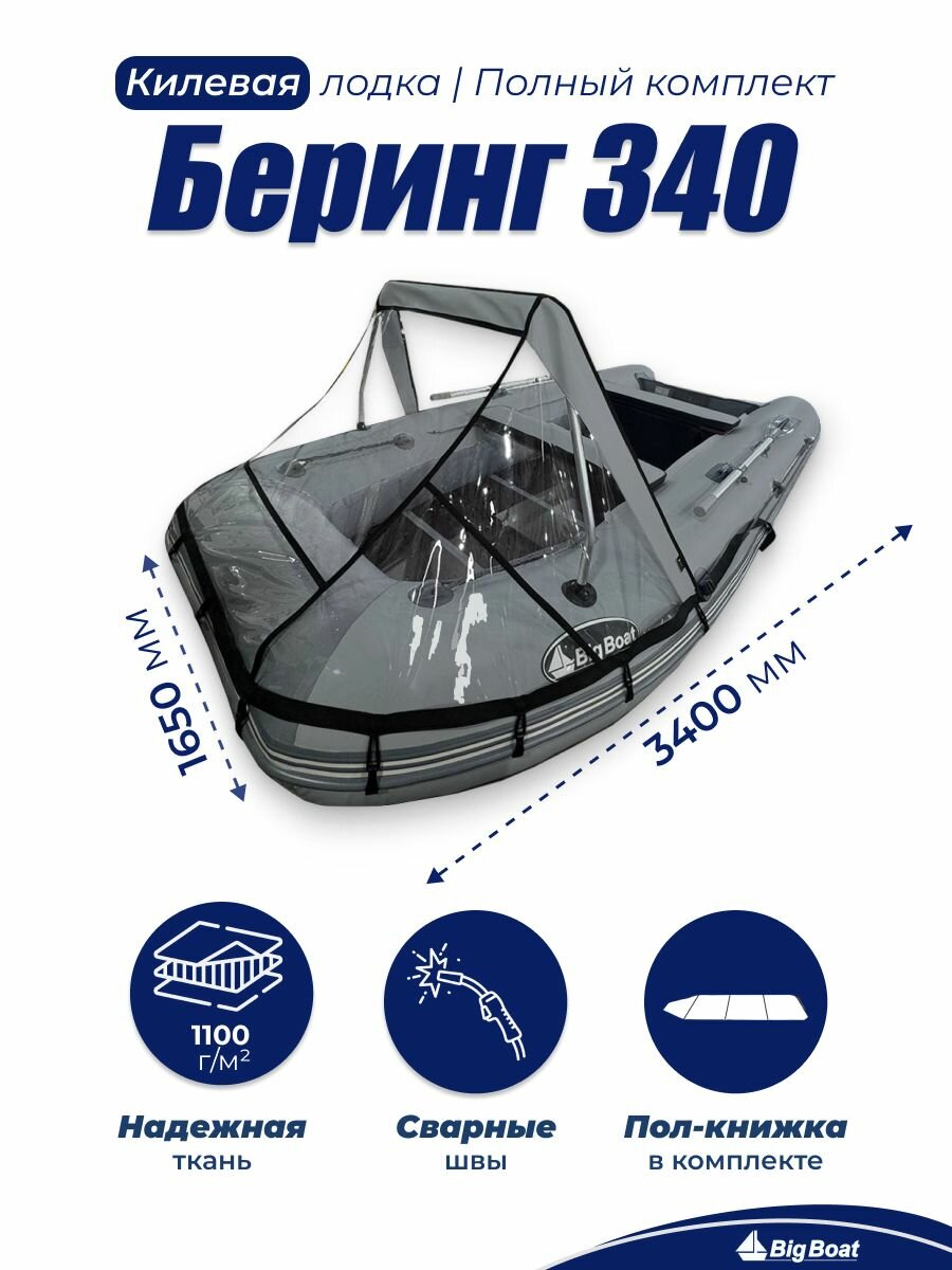 Надувная, под мотор, килевая лодка в полной комплектации (носовой тент, мягкие накладки) из ПВХ для рыбалки Bering (Беринг) 340к, пол-книжка