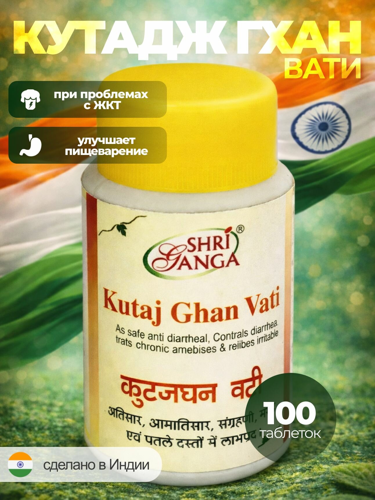 Кутадж Гхан Вати (Kutaj Ghan vati Shri Ganga) для кишечника, пищеварительной системы,100 таб