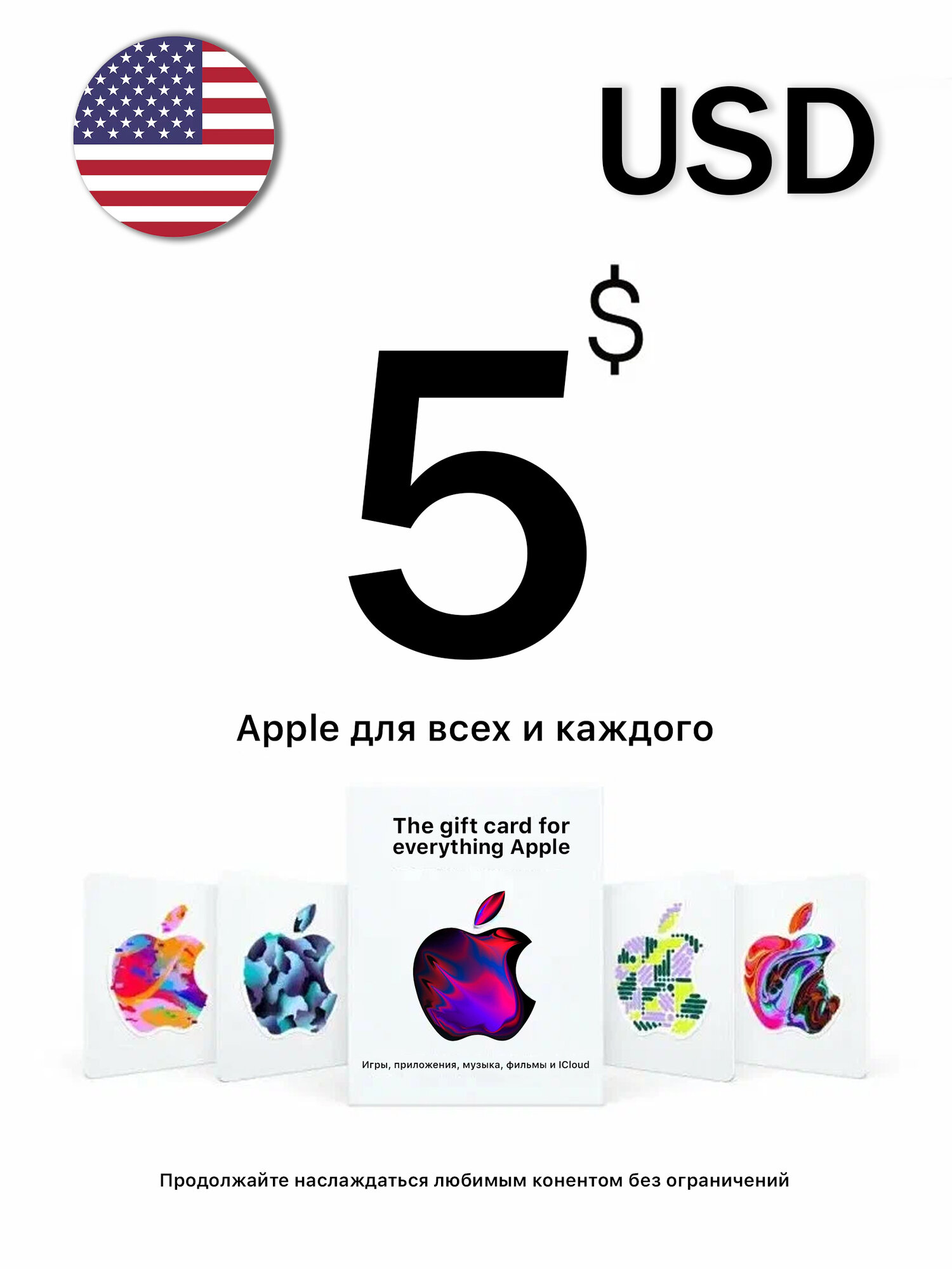Подарочная карта Apple / Карта оплаты Apple (Пополнение счёта App Store и iTunes) на 5 долларов