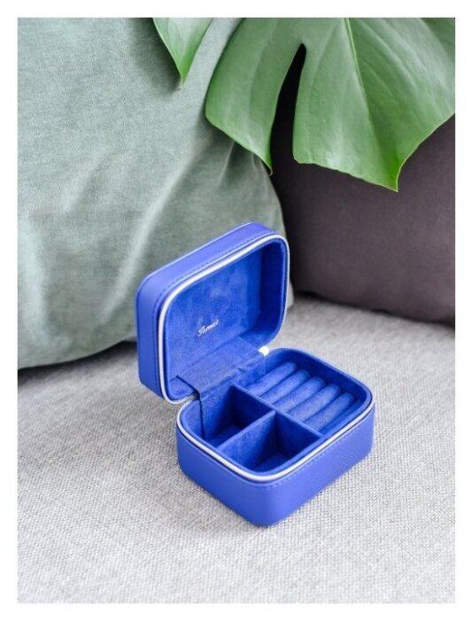Шкатулка для украшений IsmatDecor S-102BLU, дорожная, квадратная, синяя, искусственная кожа