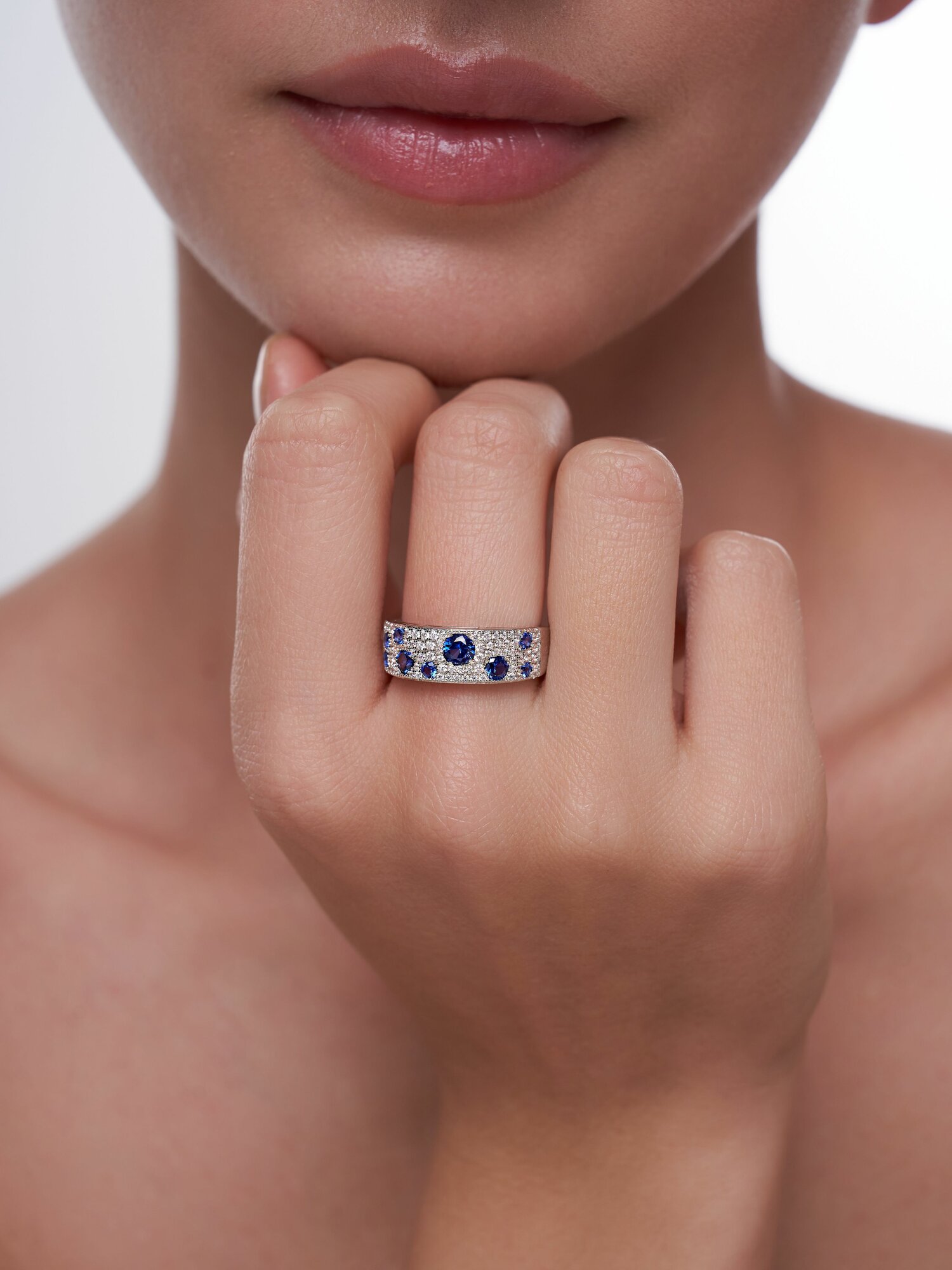 Кольцо, серебро, 925 проба, циркон, сапфир синтетический