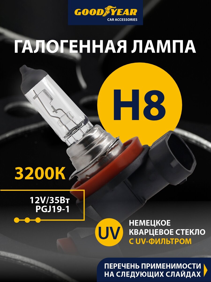 Лампа h8 галогеновая автомобильная Goodyear 12V 35W PGJ19-1