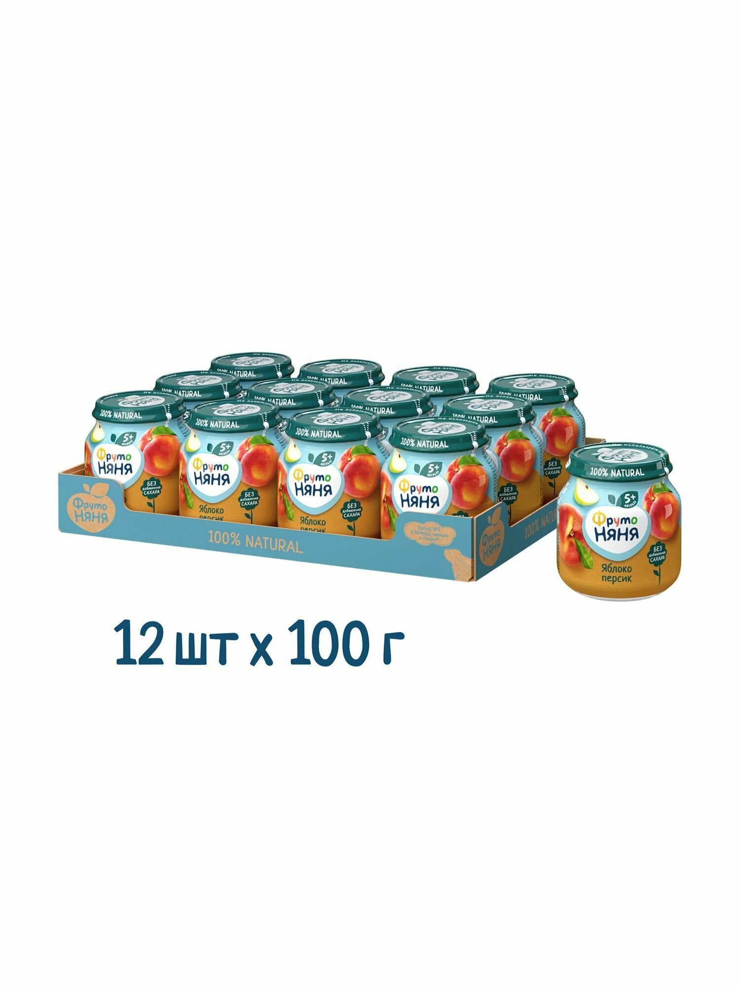 Пюре фруктовое детское ФрутоНяня Яблоко и персик с 5 месяцев, 100г. Упаковка 12 шт.