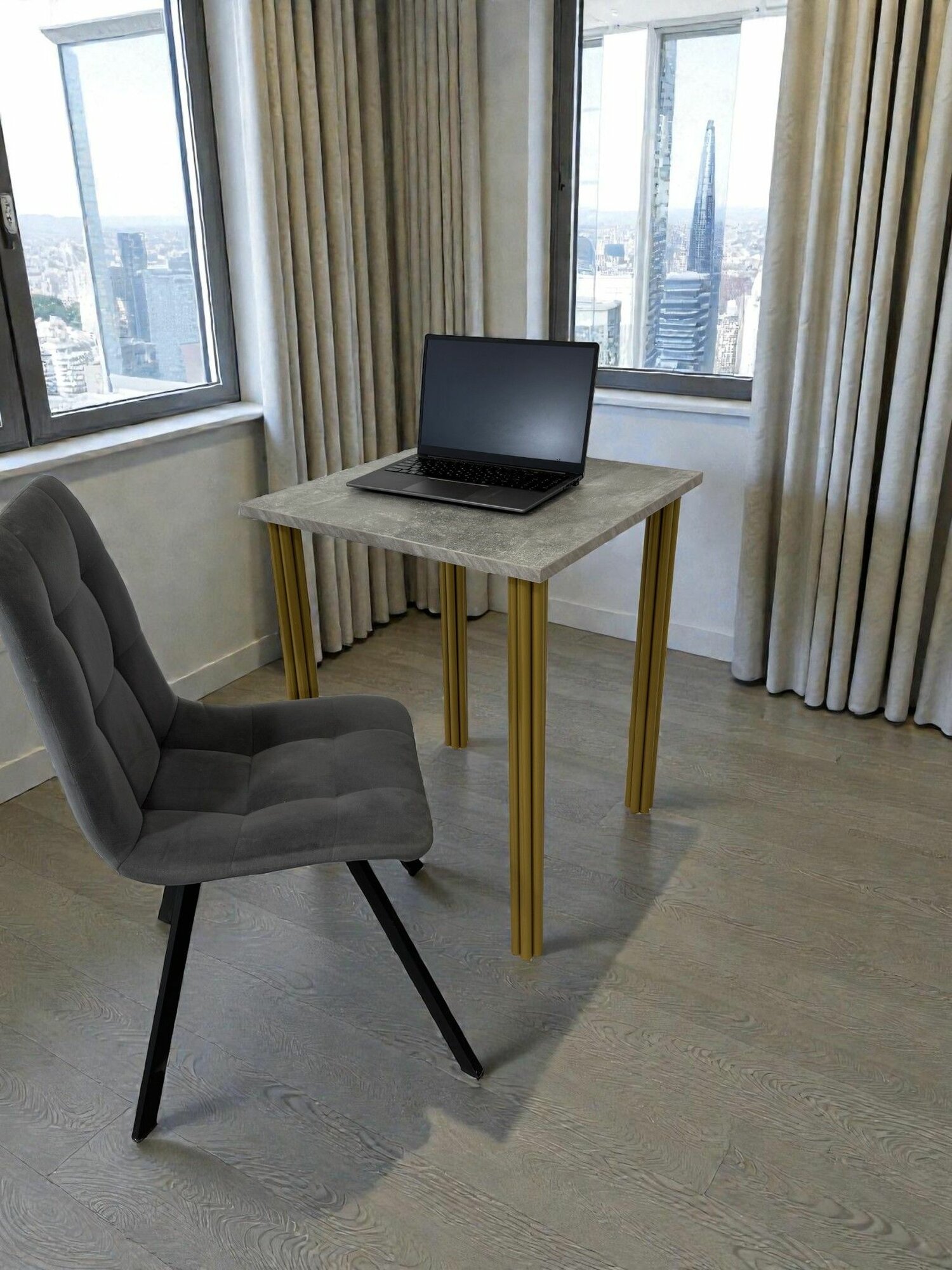 Стол дизайнерский компьютерный/ цвет Бетон Светлый, 60*60 см. Ножки золото.