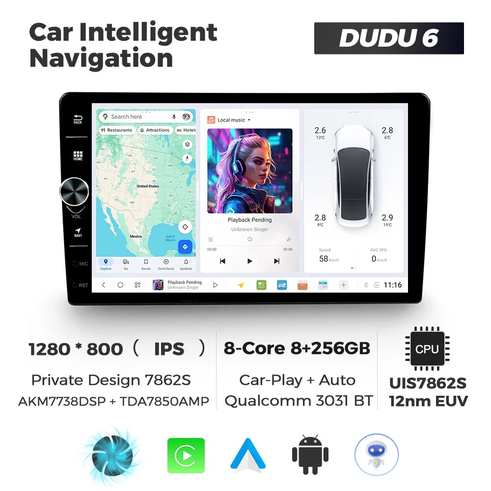 DUDUAUTO DUDU7 7870 9-дюймовый QLED-экран с ручкой Carplay Dual GPS DTS Android 13 DUDU6-8-256-9D
