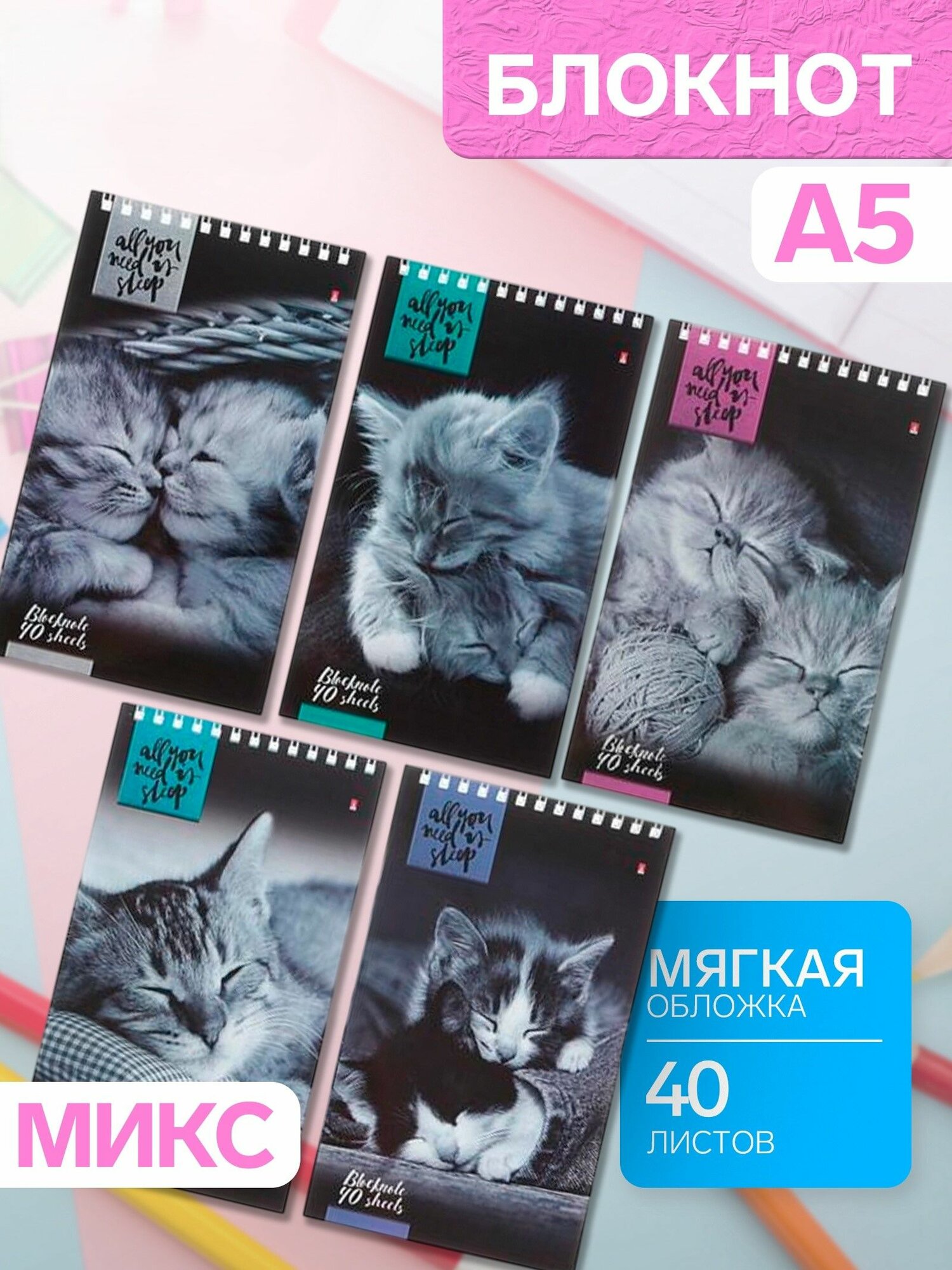 Набор блокнотов 5 шт Кошки , А5, 40 листов, на гребне
