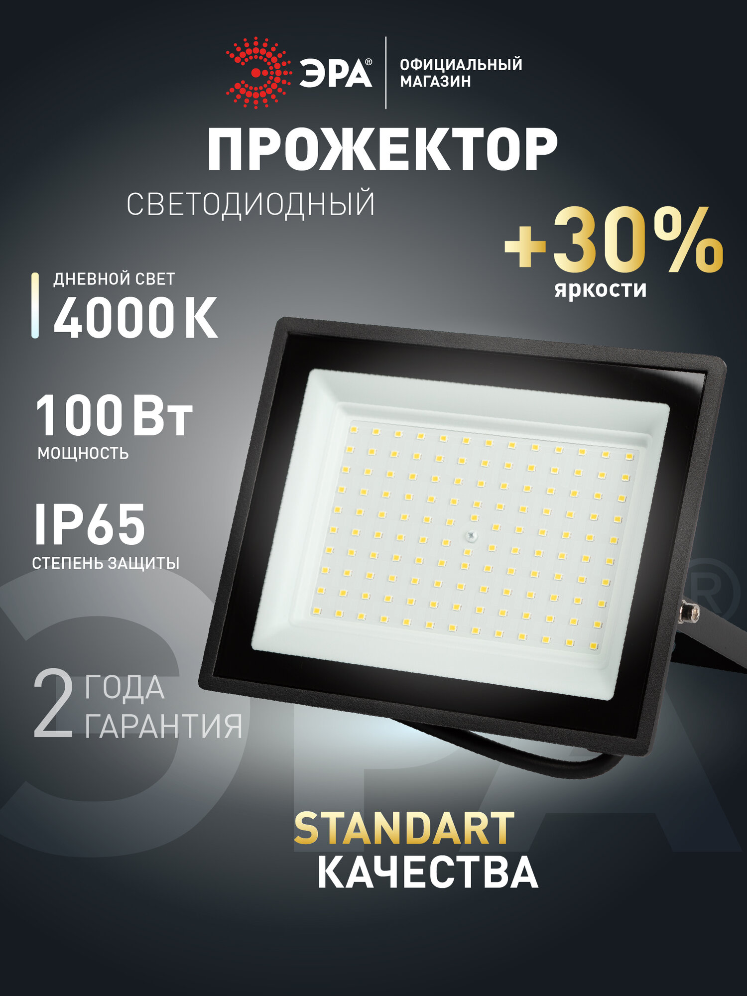 Прожектор светодиодный уличный ЭРА LPR-023 влагозащищенный от сети, 100Вт 4000К, IP65