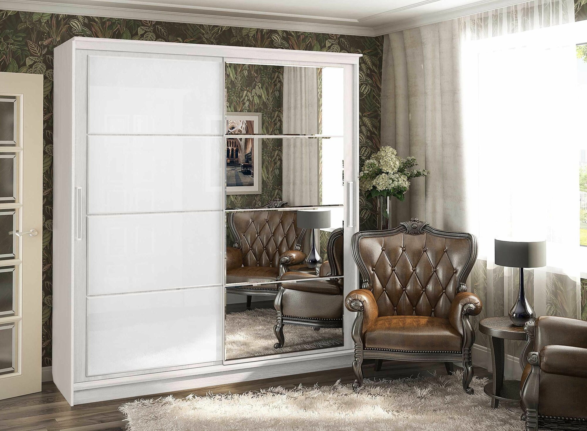 Шкаф-купе Лайфмебель Москана-2 2 м анкор светлый / зеркало / лакобель белый