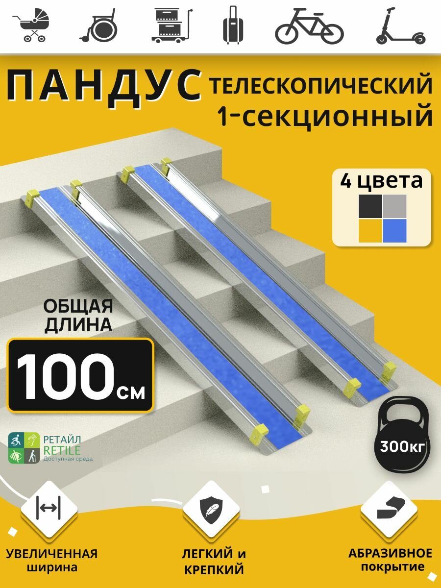 Пандус 100 см 1-секционный Антислип, синий (рабочая длина 90 см + 2 опор. площадки по 5 см)