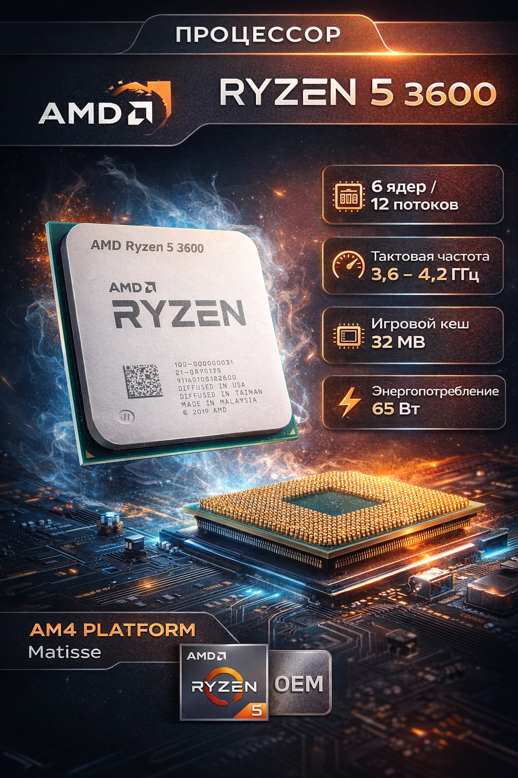 Процессор CPU AM4 AMD Ryzen 5 3600 (Matisse, 6C/12T, 3.6/4.2GHz, 32MB, 65W) OEM