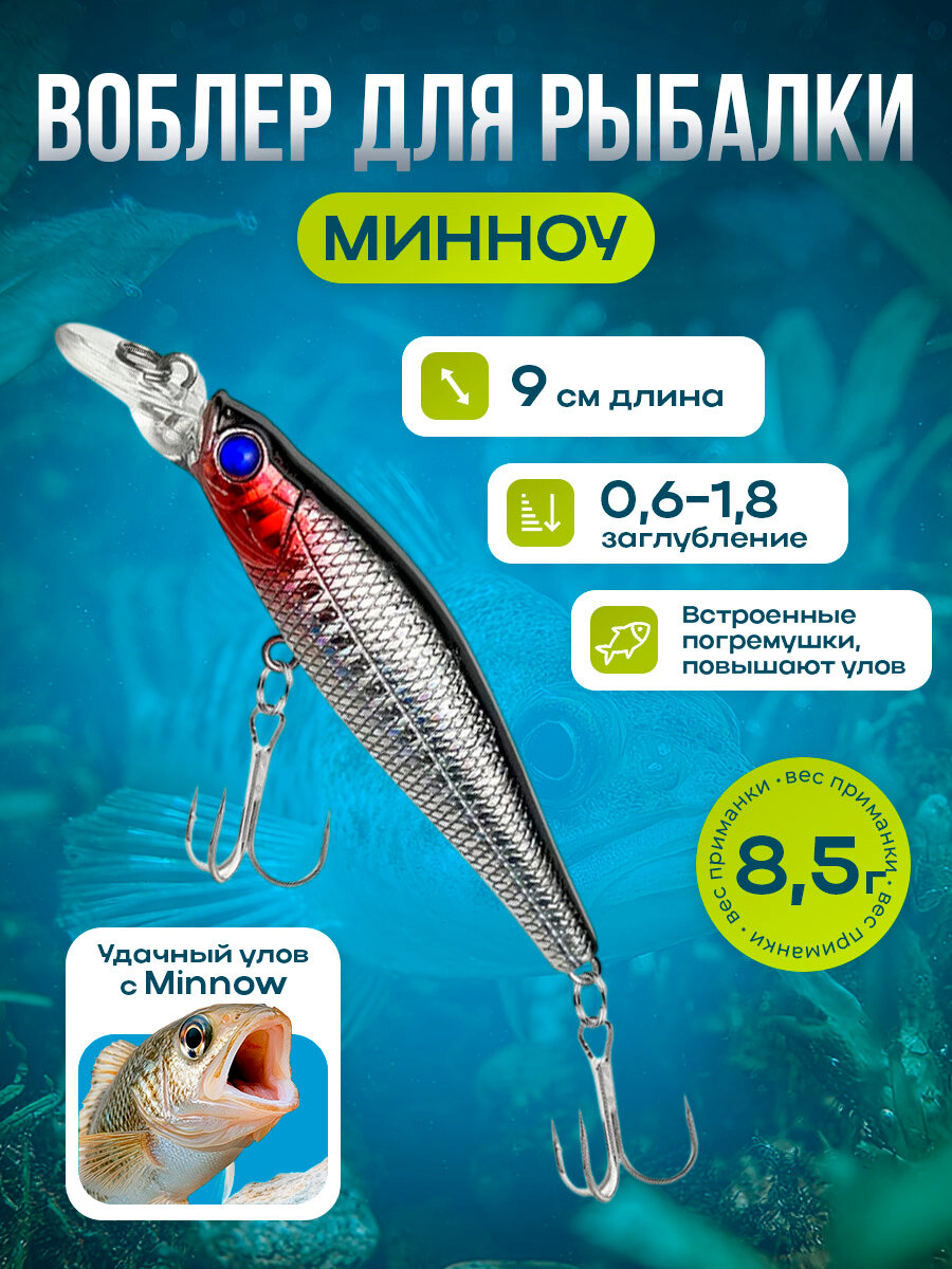 Воблер для рыбалки Minnow, 9 см/8,5 г, черно-серебристая