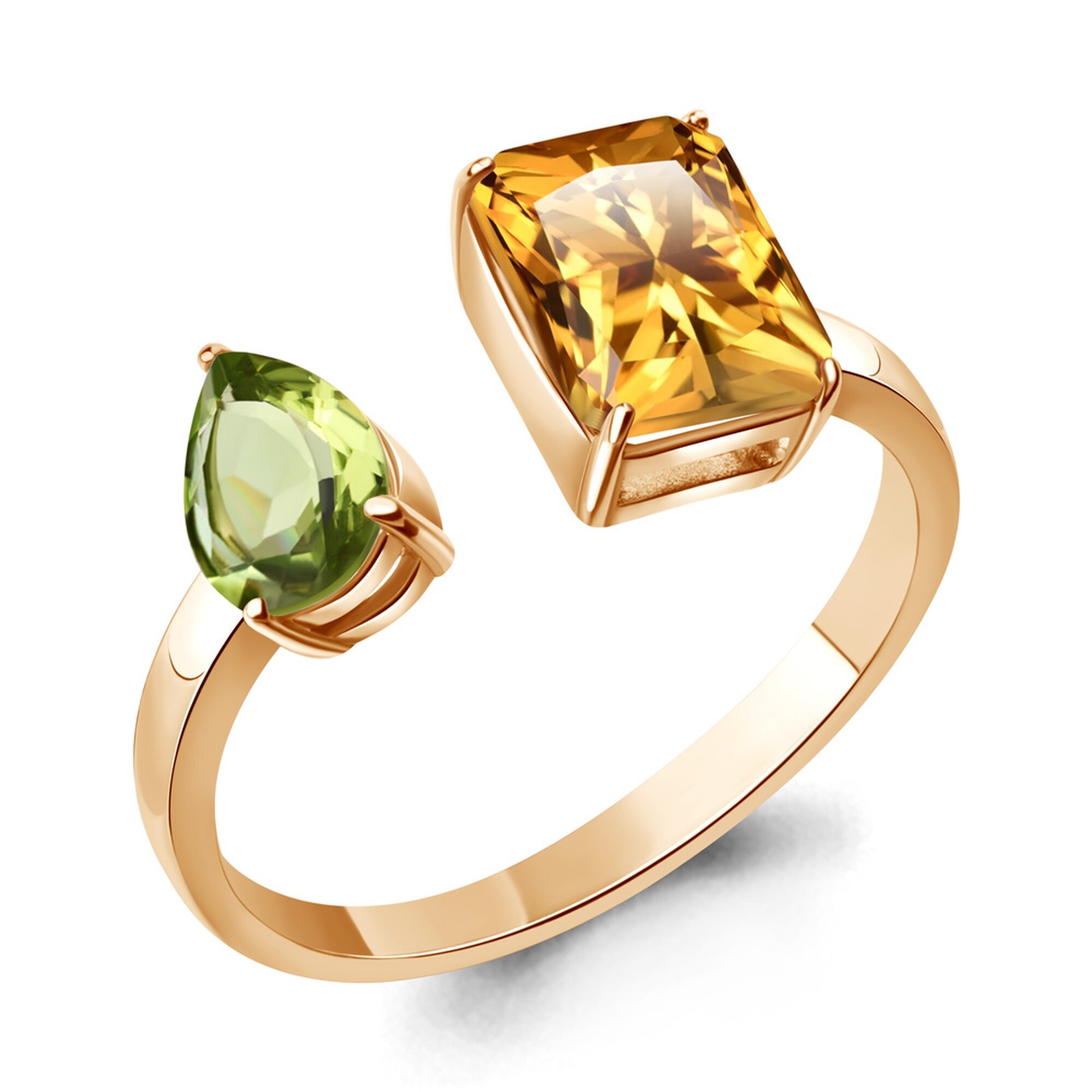 Кольцо, серебро, 925 проба, золочение, цитрин, хризолит