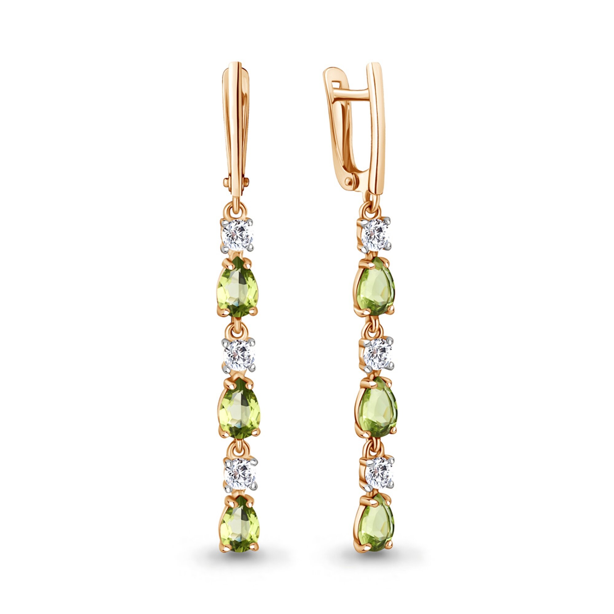 Серьги, серебро, 925 проба, золочение, хризолит, фианит