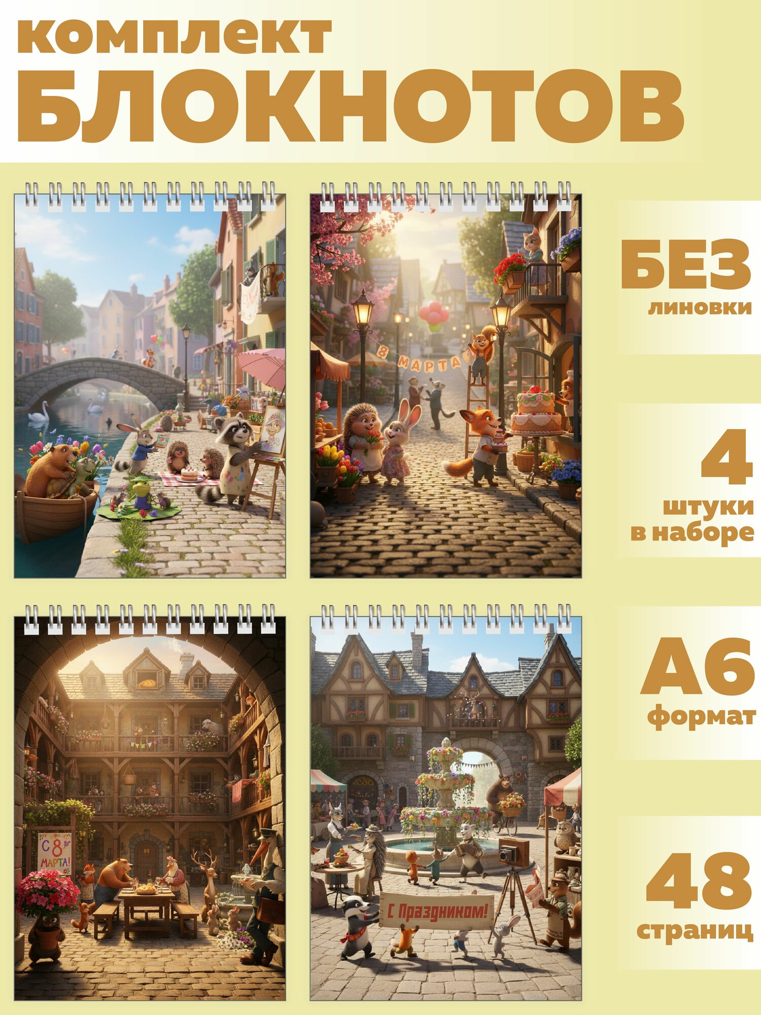 Комплект блокнотов А6 "Пушистые девочки" на 8 марта, 4 шт. (без линовки)