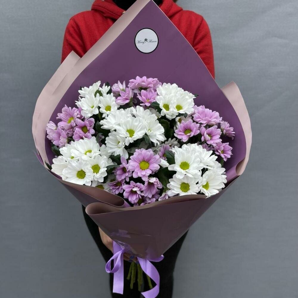 Хризантемы розовые и белые 9 штук/ Хризантемы розовые, белые/ Доставка цветов Москва