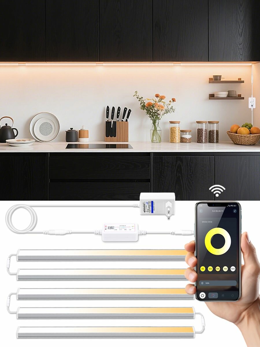 24В Линейный Настенно-Потолочный Светильник, Регулируемая Цветовая Температура (2700К-6500К), Яркость, Для Кухни, Рабочего Стола, Шкафа 10X48CM