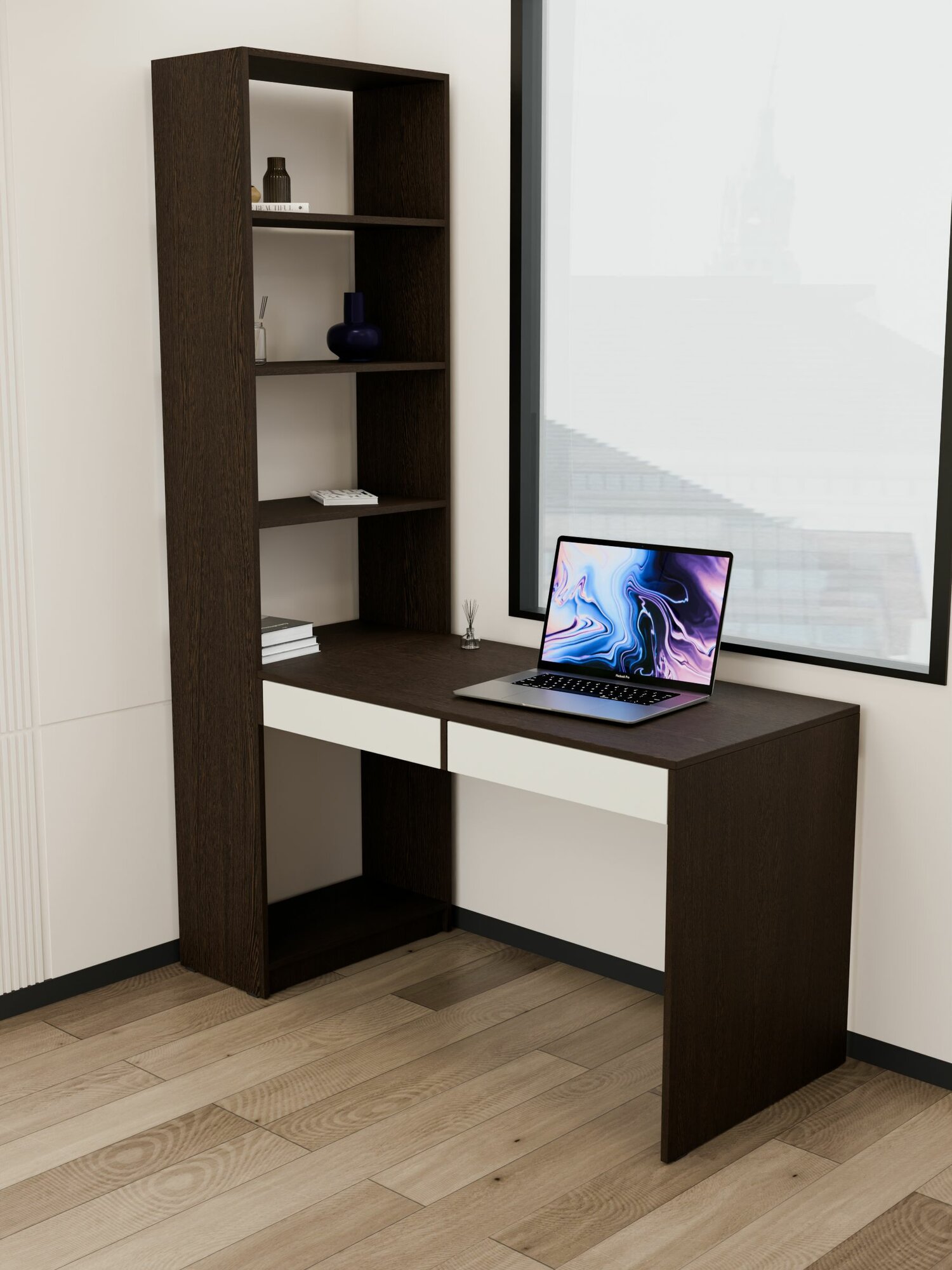 Изумлит Стол-стеллаж письменный угловой для учебы и работы Джокер, стеллаж слева 200х59.2х140 см, венге-бежевый