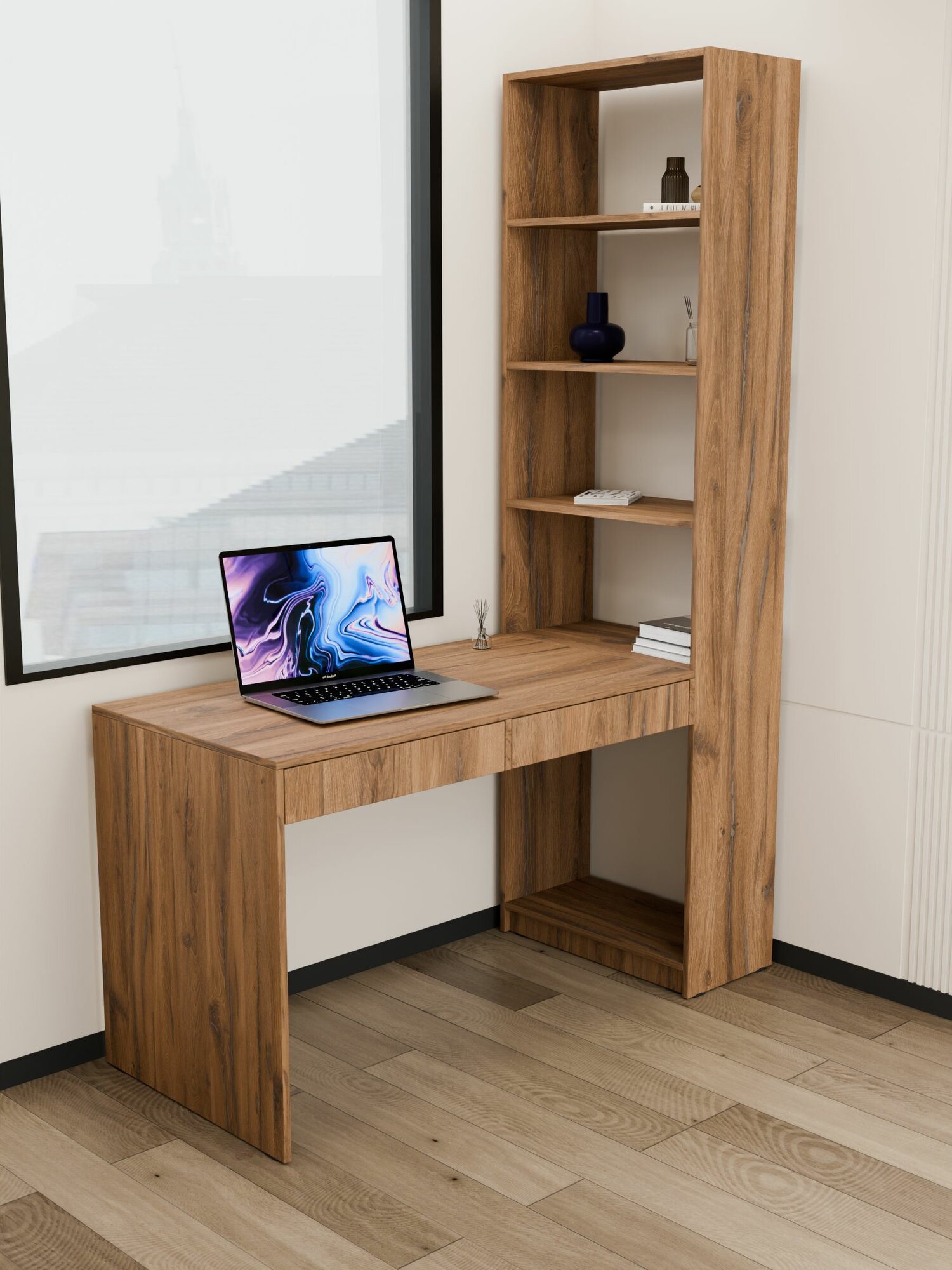 Изумлит Стол-стеллаж письменный угловой для учебы и работы Джокер, стеллаж справа 200х59.2х140 см, дуб крафт табачный