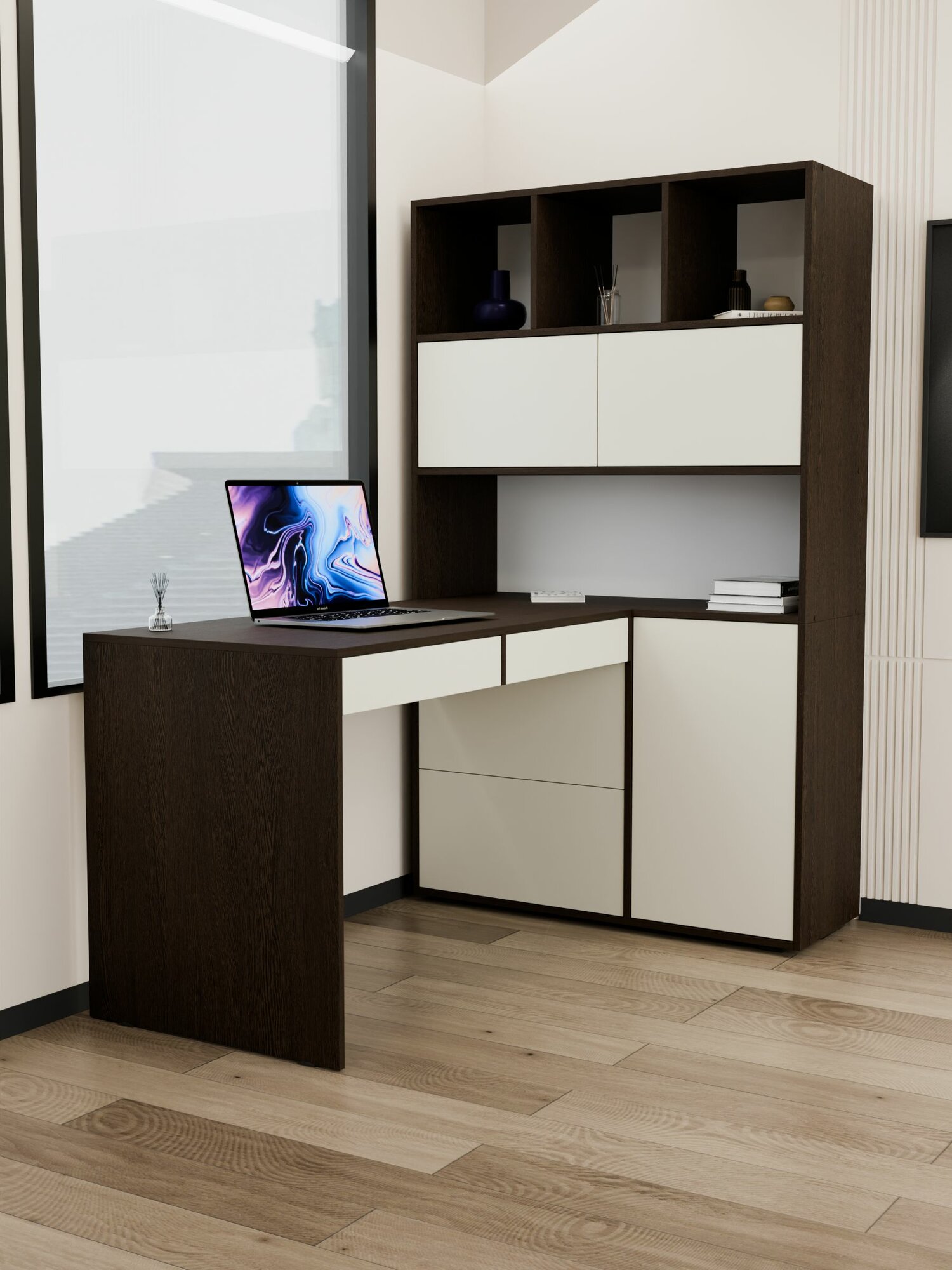 Изумлит Стол-шкаф письменный угловой для учебы и работы, шкаф справа 168х100х147.6 см, венге-бежевый