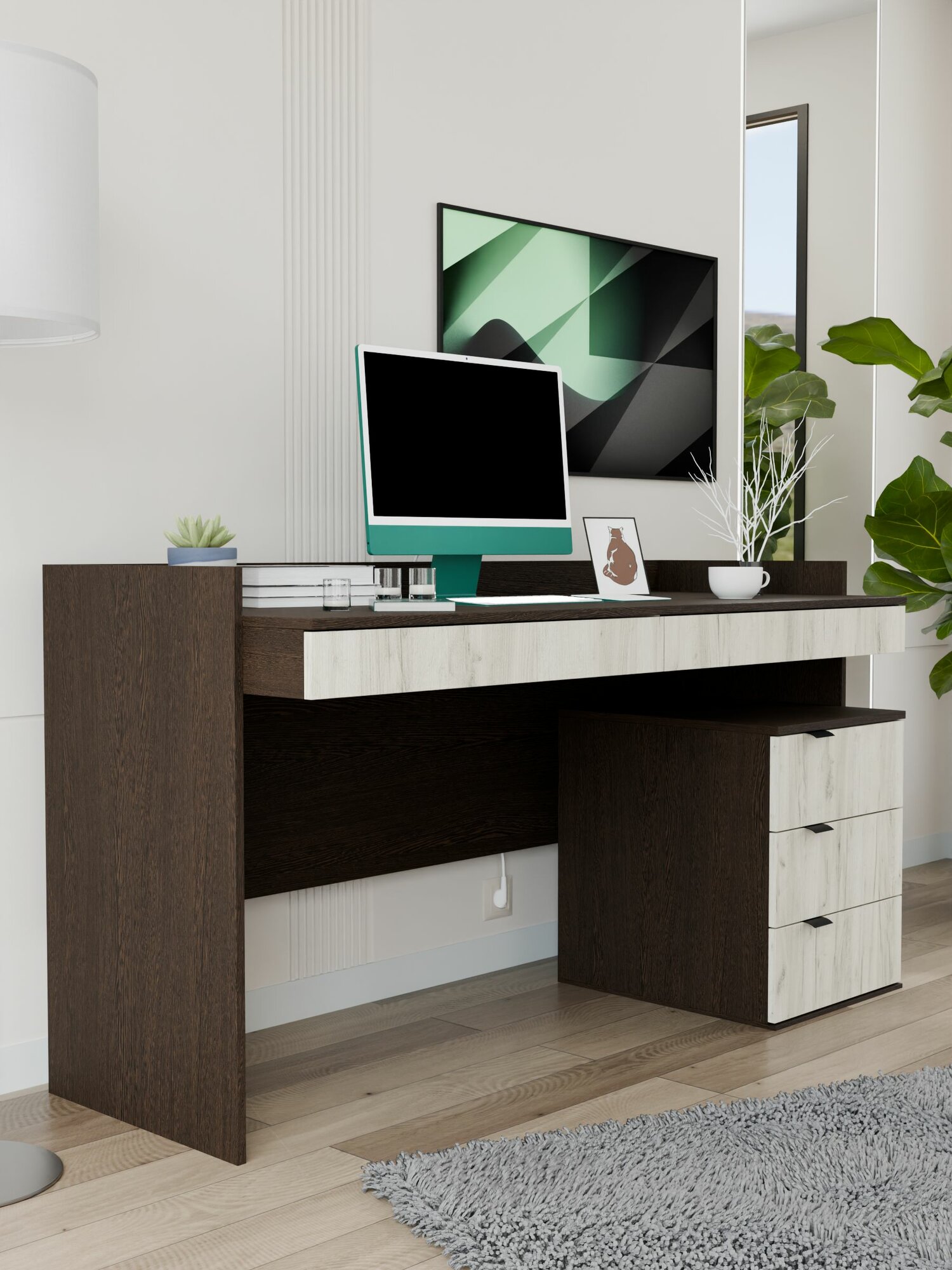 Изумлит Стол компьютерный для офиса и дома Бастион 160х87х64.5 см, корпус+столешница-венге/фасад-дуб крафт белый