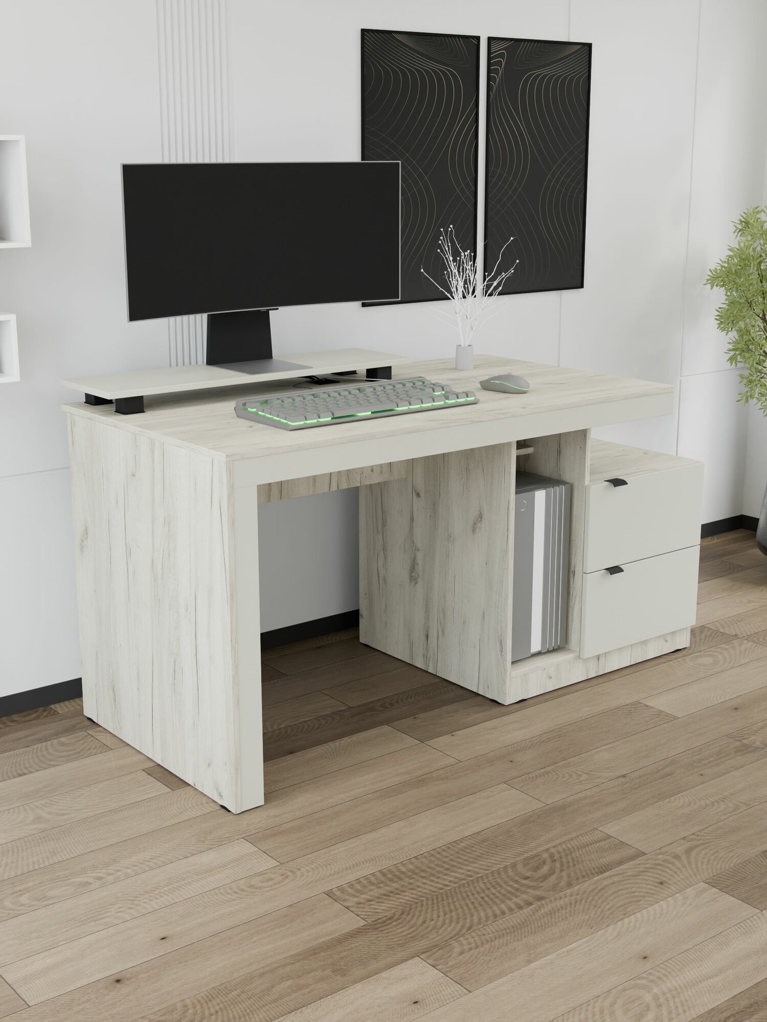 Изумлит Стол компьютерный для офиса и дома Вертикаль Лайт 162х80х74.5 см, тумба справа, дуб крафт белый - бежевый