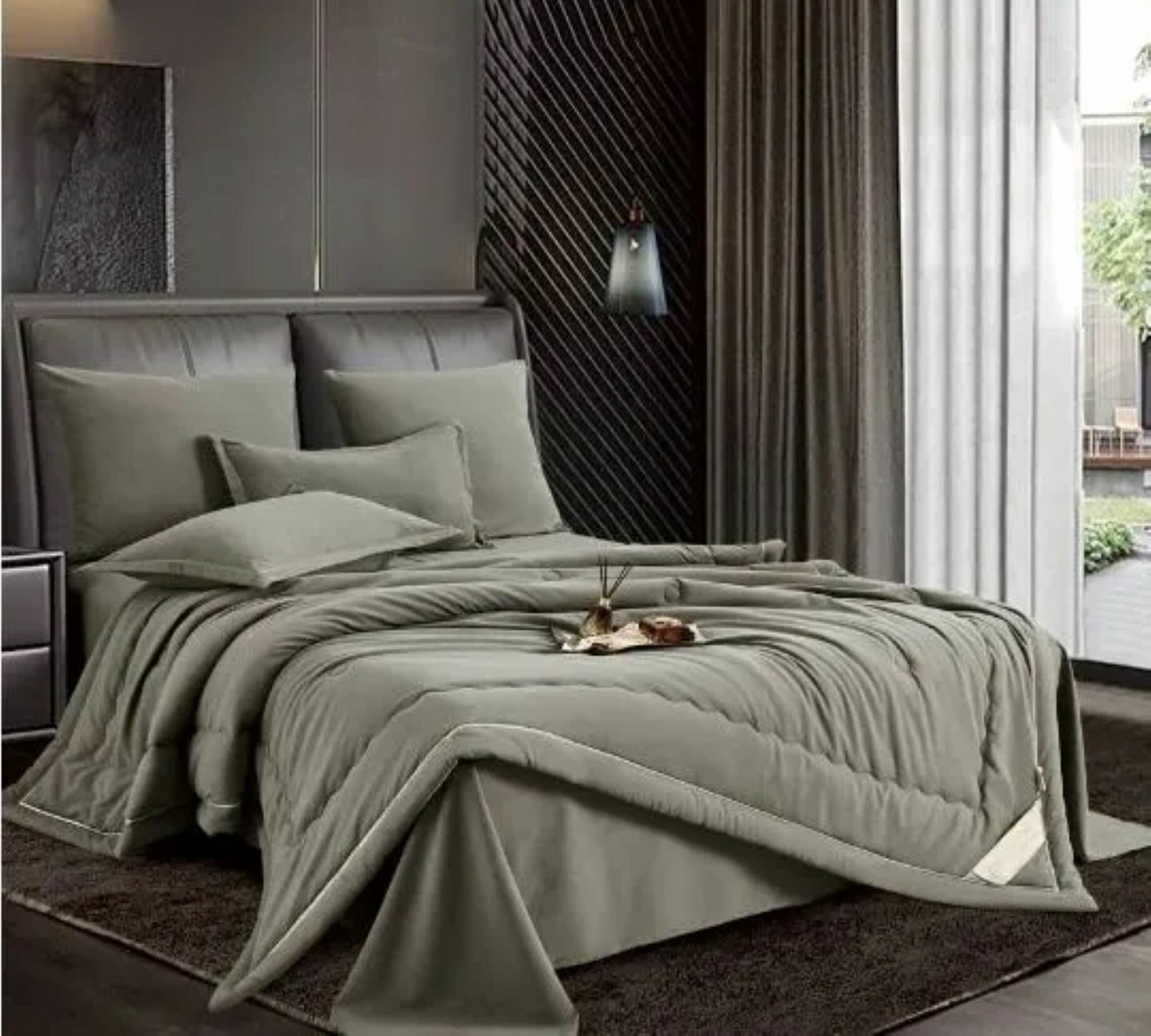 Постельное белье евро Candies с одеялом в подарочной сумке, комплект из 6 предметов, мягкое как бархат, серо- зеленый