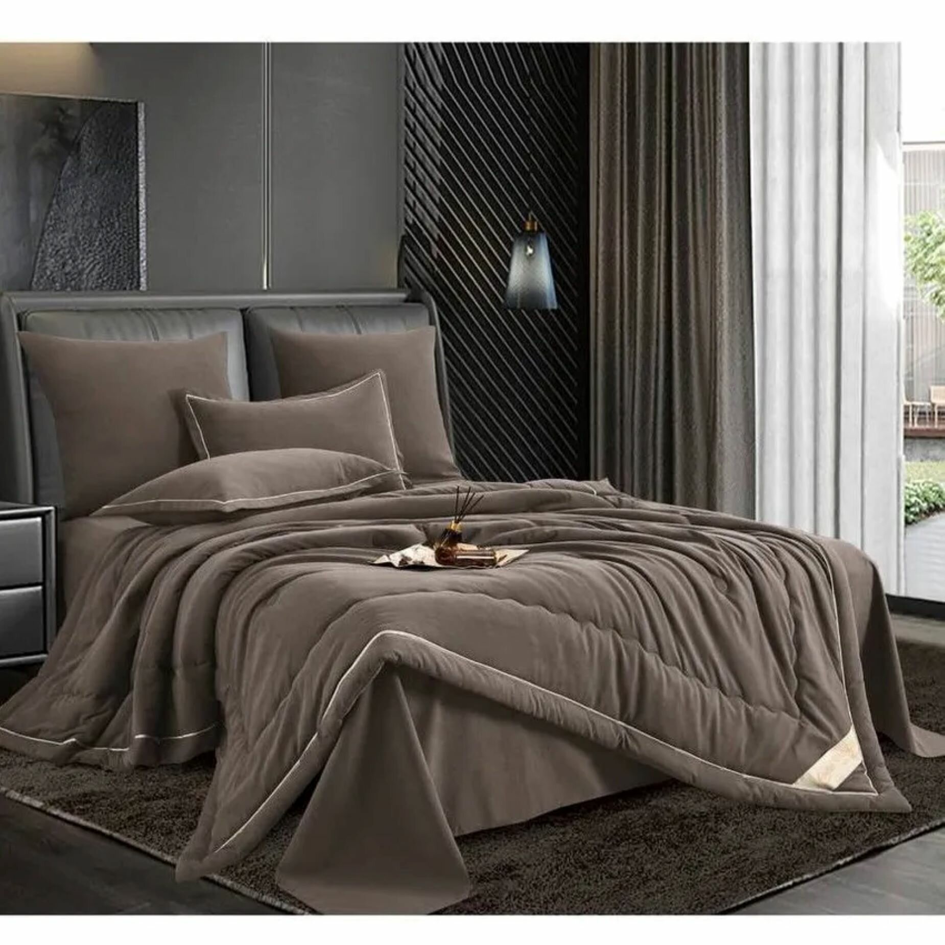 Постельное белье евро Candies с одеялом в подарочной сумке, комплект из 6 предметов. мягкое как бархат, коричневый