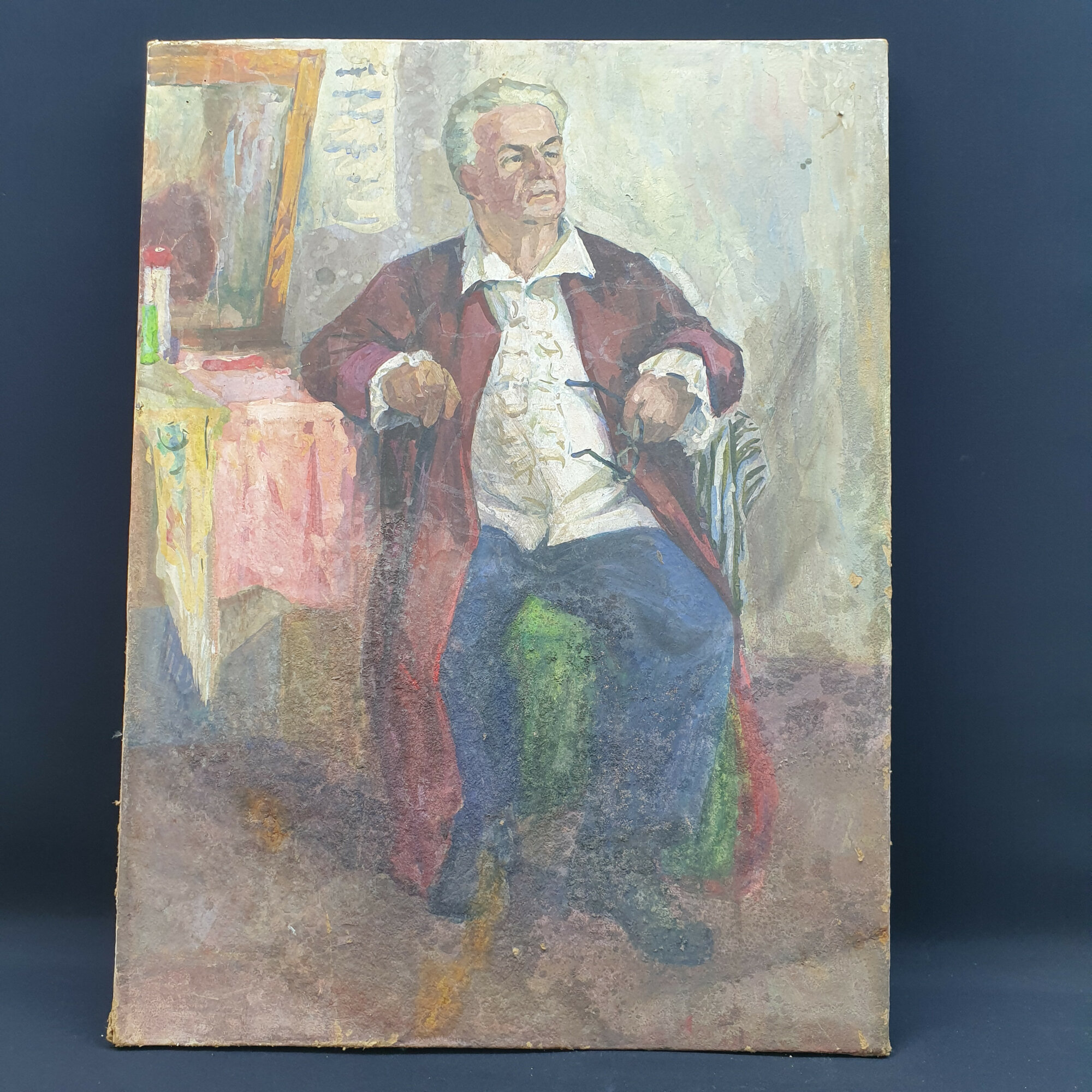 Винтажная картина Мужчина за столом, холст, акварель, 60х80 см, без рамы.