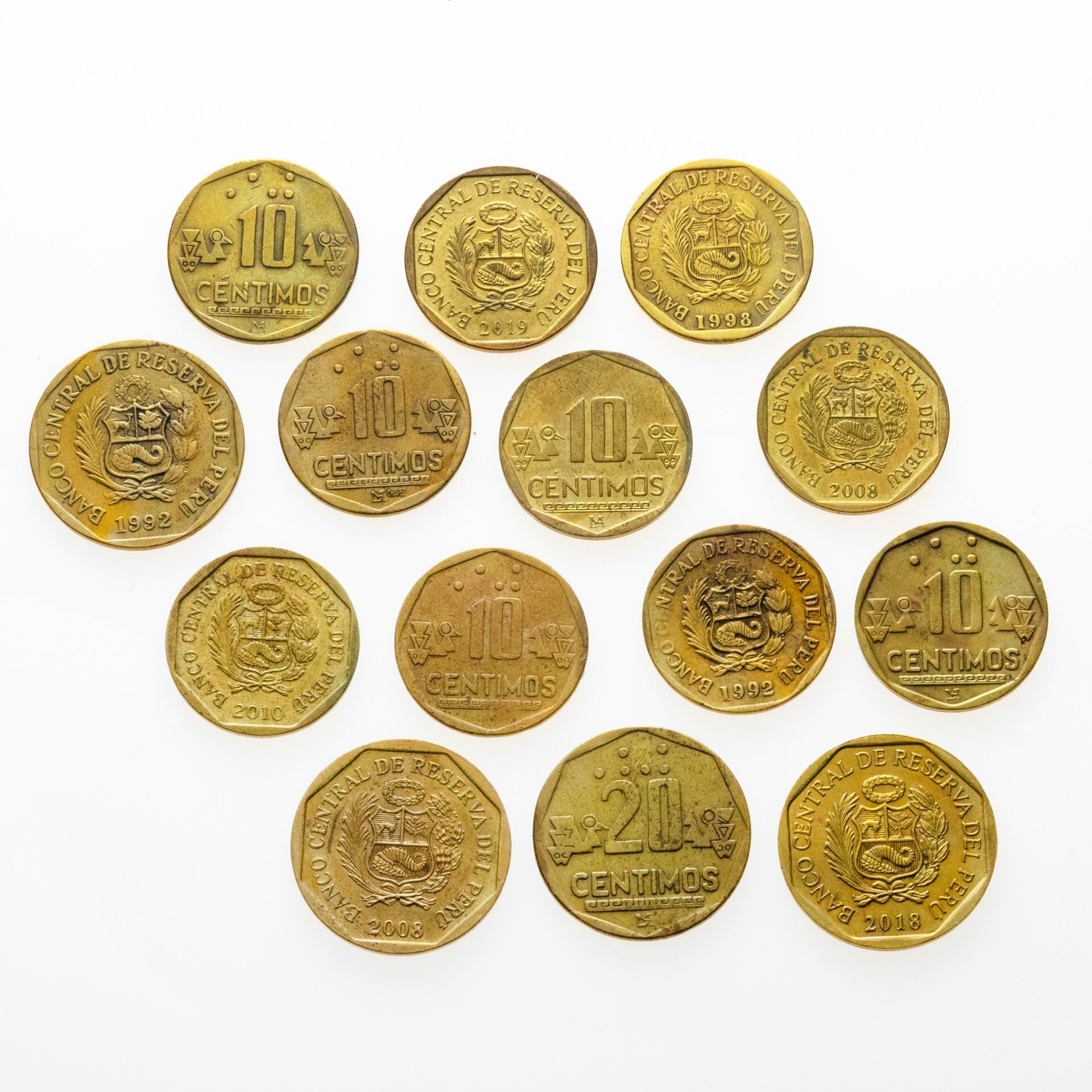 Перу набор монет 10 и 20 сентимо 1992-2019 (14 монет)