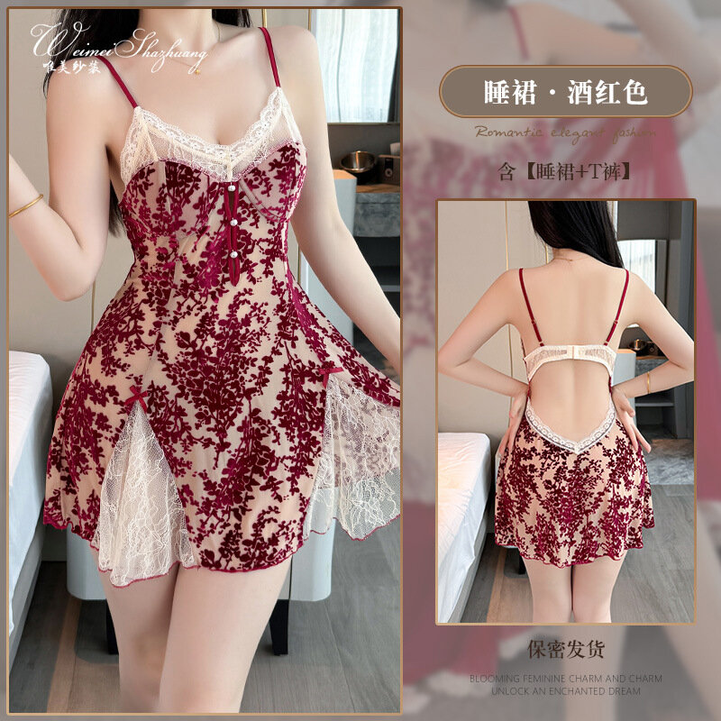 Элегантная и нежная соблазнительная бархатная ночная одежда, ночная сорочка с глубоким V-образным вырезом и встроенными чашечками, сексуальная ночная сорочка с открытой спиной и комплект халата.