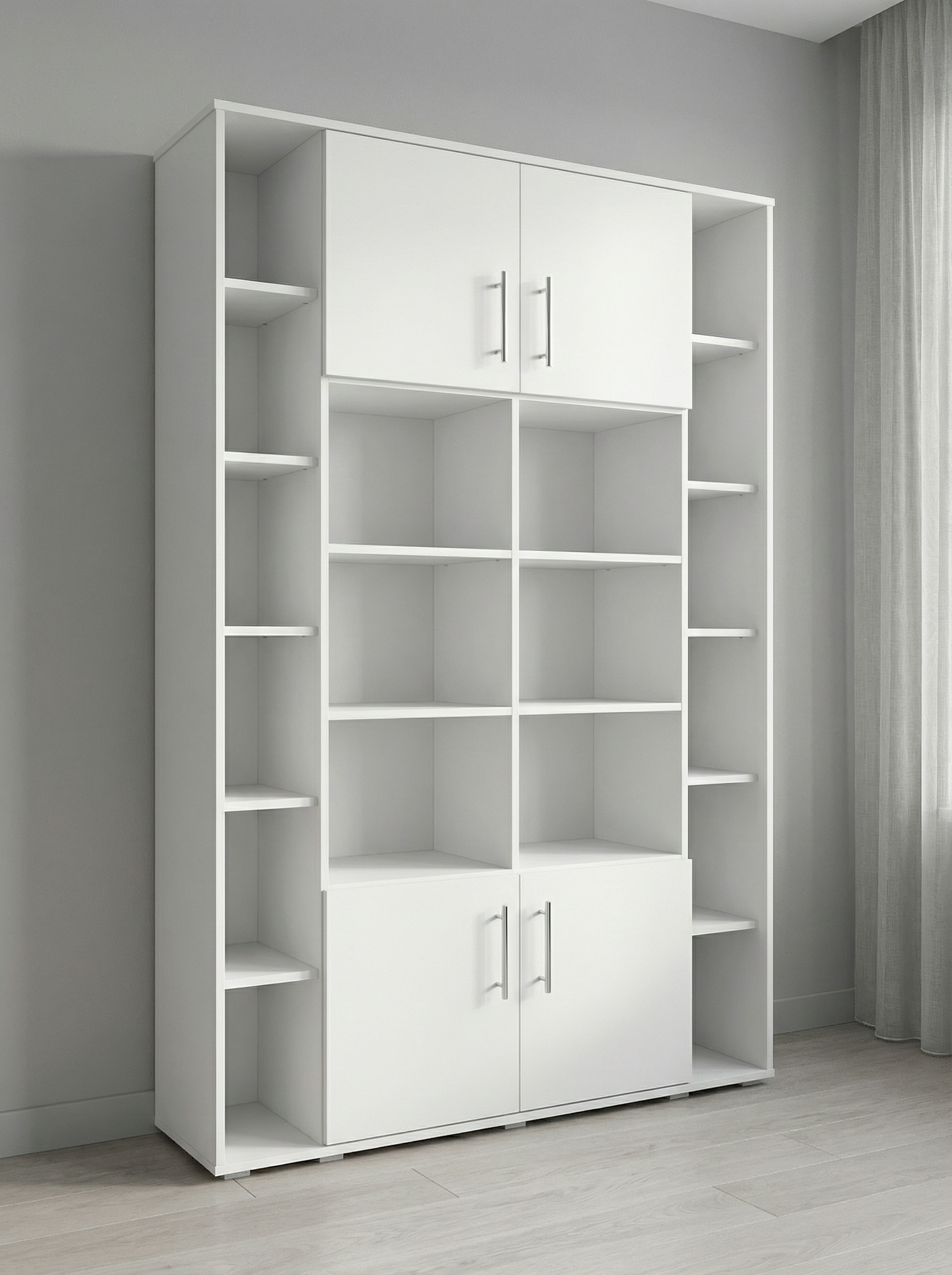 Стеллаж открытый напольный с 4 дверцами Стим-33, ШхГхВ: 160х38х200 см, белый