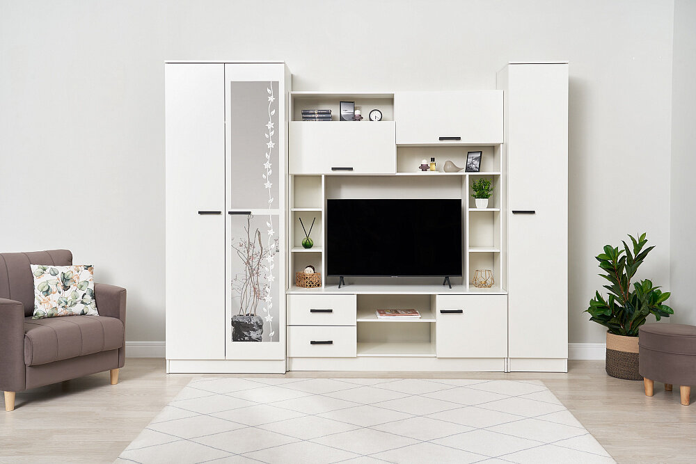 Модульная гостиная центральная секция стенка, шкаф двухстворчатый, шкаф пенал, Марта-11, 270х210х50 см, Белая