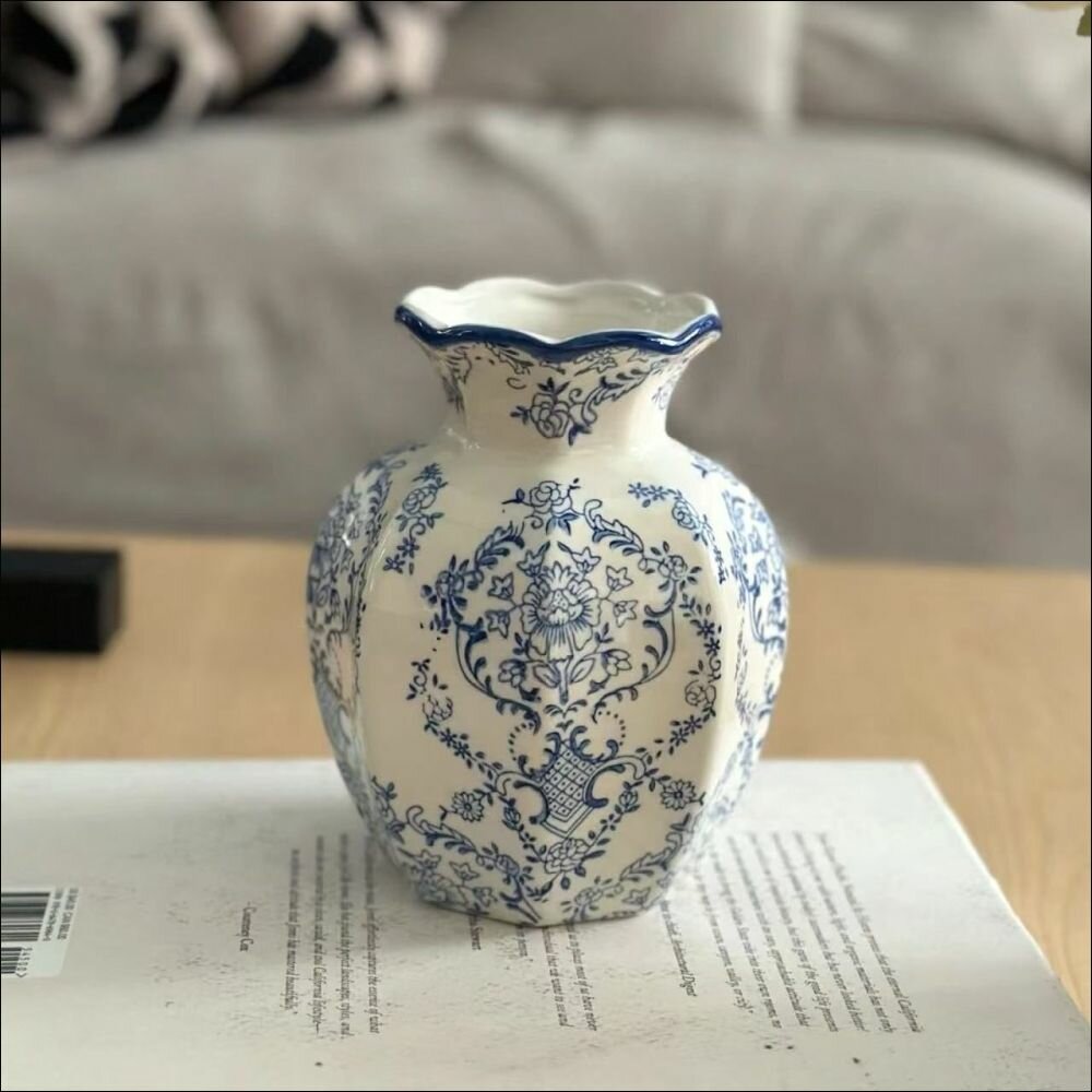 Ваза "Ручная роспись в новом китайском стиле-голубой и белый фарфор-керамика, украшения для дома-цветочные композиции", 15 см , Керамика