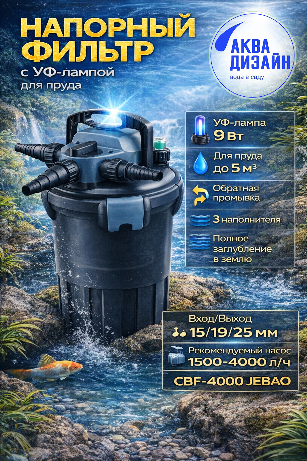 Напорный фильтр с уф-лампой для пруда CBF-4000 JEBAO(UV-лампа-9 Вт; до 5м3)