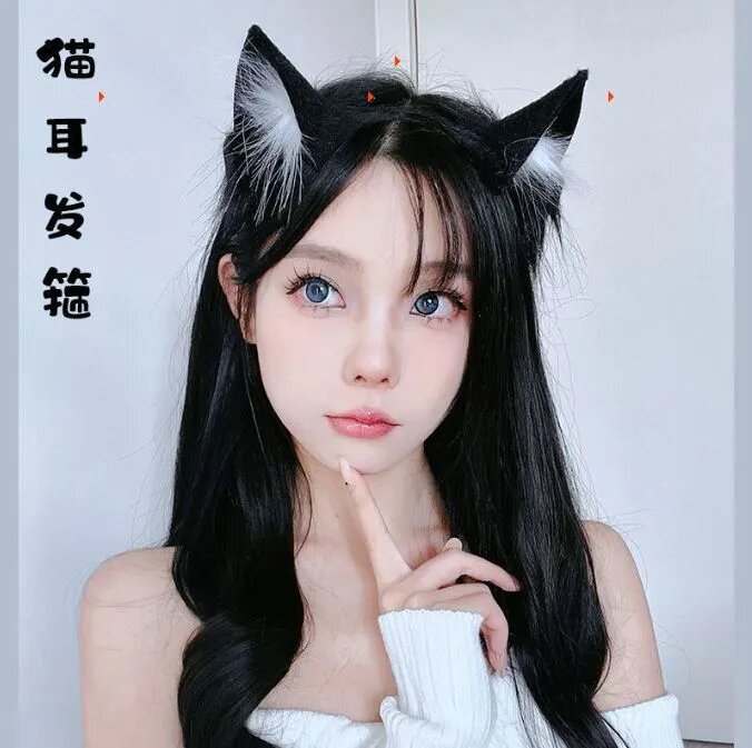 Аниме ушки кошки и лисы ободок 3D уши животного черные для девочек