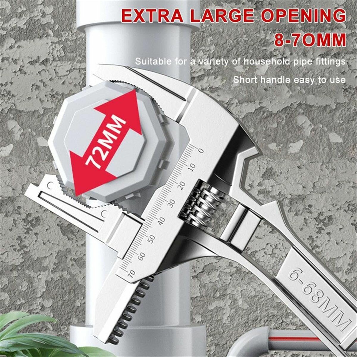 Разводной ключ 6-68 мм, универсальный ремонтный набор, короткий хвостовик 8 дюймов, ключ для ванной комнаты (серебристый)