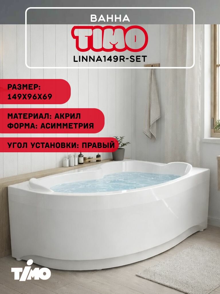 Акриловая ванна TIMO LINNA149R-SET (1490*960*690) в сборе на раме с экраном