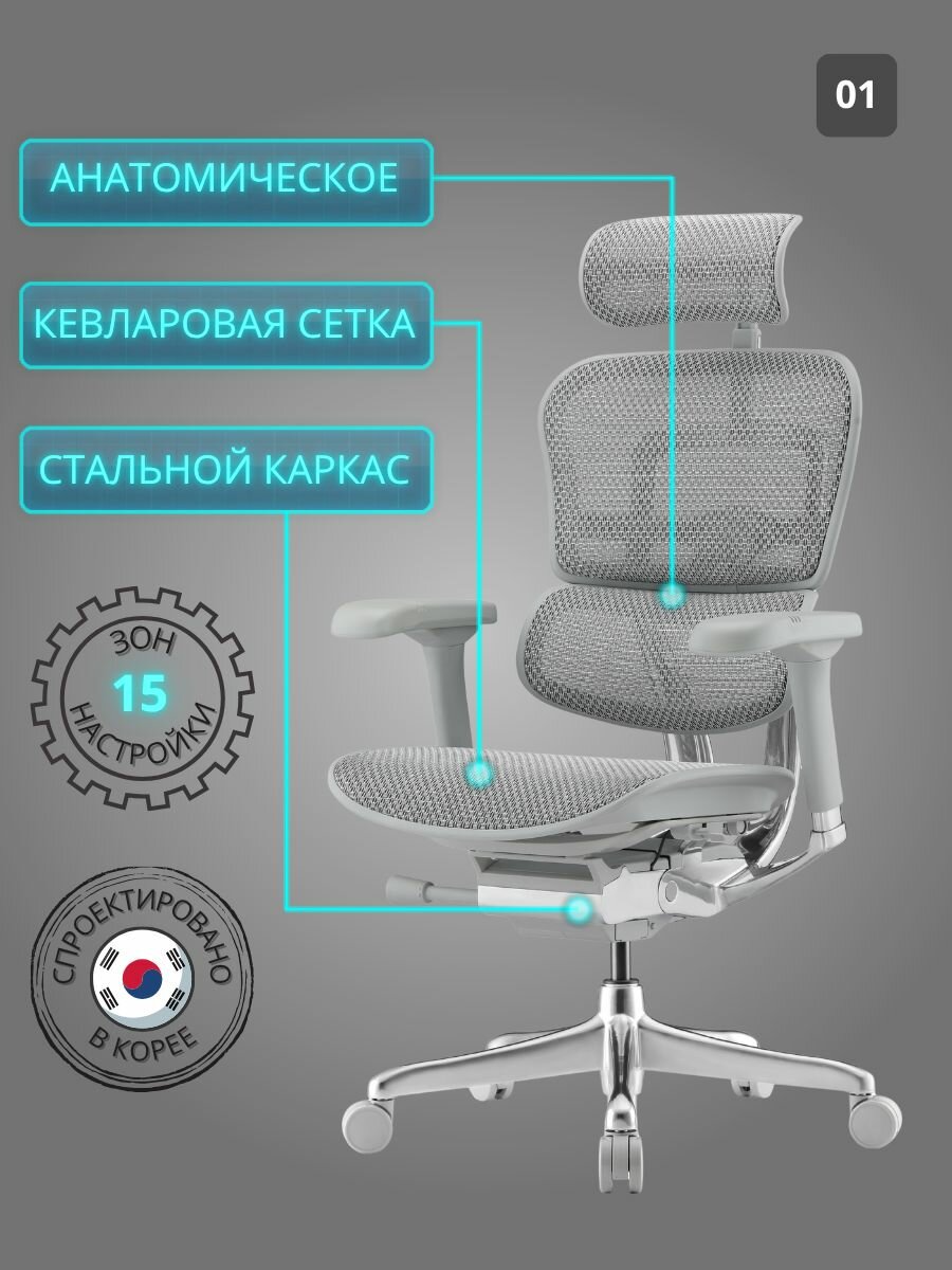 Кресло компьютерное офисное FALTO Ergohuman Elite 2 серое ортопедическое для руководителя, игровое, на колесиках, эргономичное анатомическое, арт. EHE2-AG-HAM-5D-L