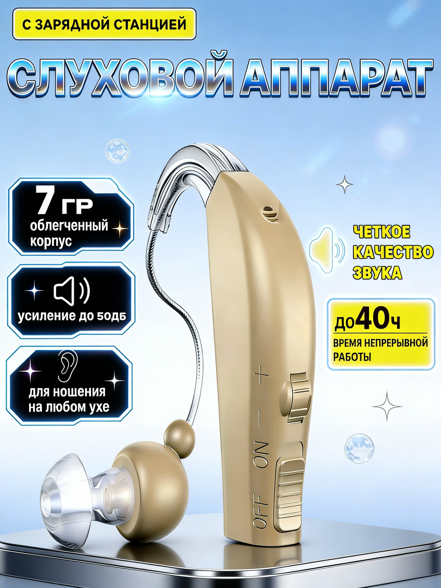 Слуховой аппарат, усиление звука до 30Х, влагозащита, мягкие амбушюры